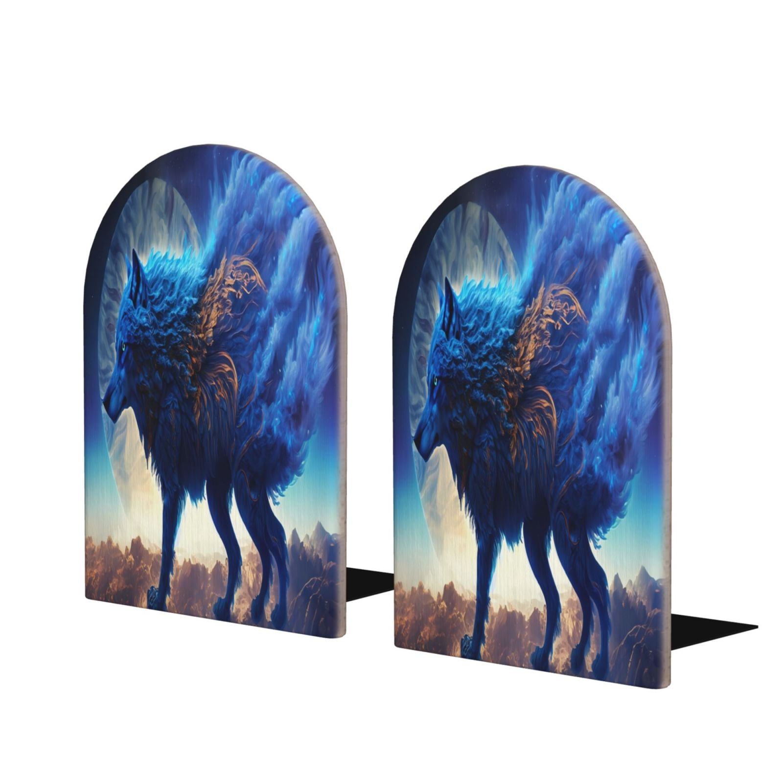 Susaid Moonlit Blue Wolf Print Wooden Bookends Decorative Book Ends for ...