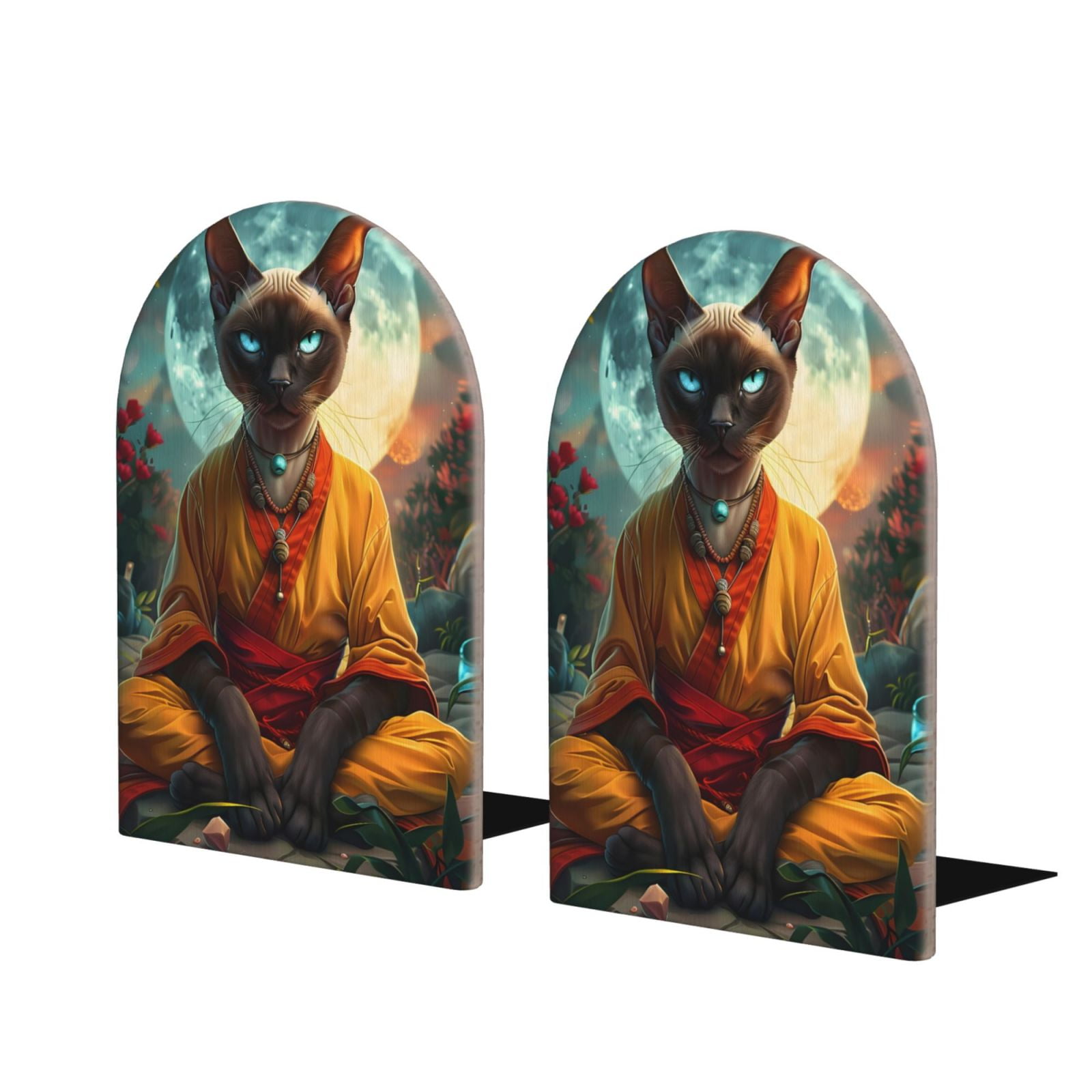 Susaid Moonlit Hairless Cat Monk Print Wooden Bookends Decorative Book ...