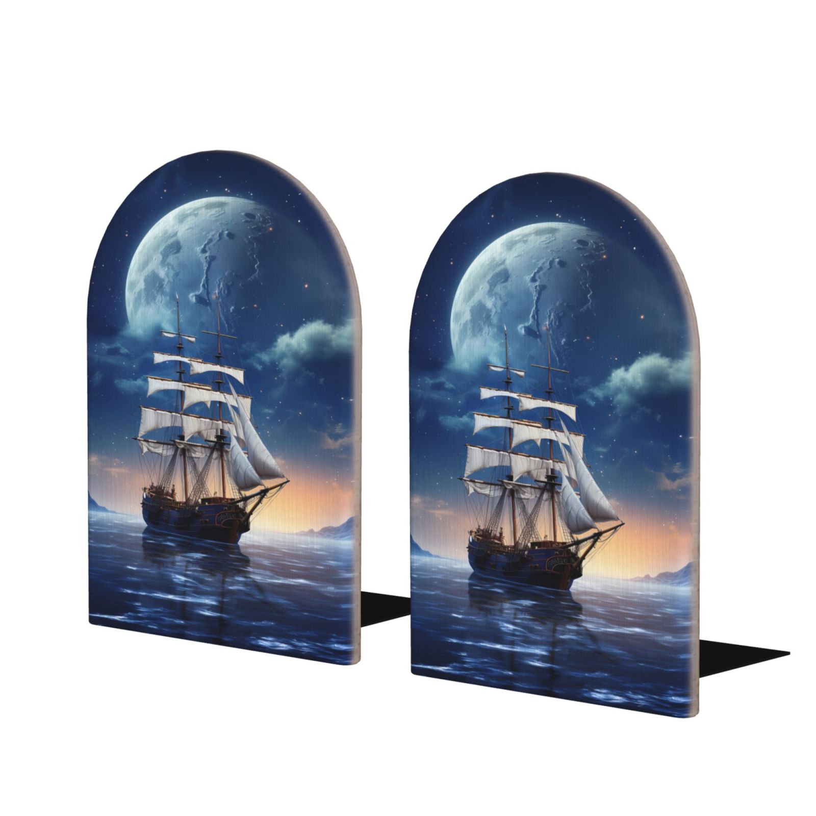 Susaid Moonlit Night Sea Sailboat Print Wooden Bookends Decorative Book ...