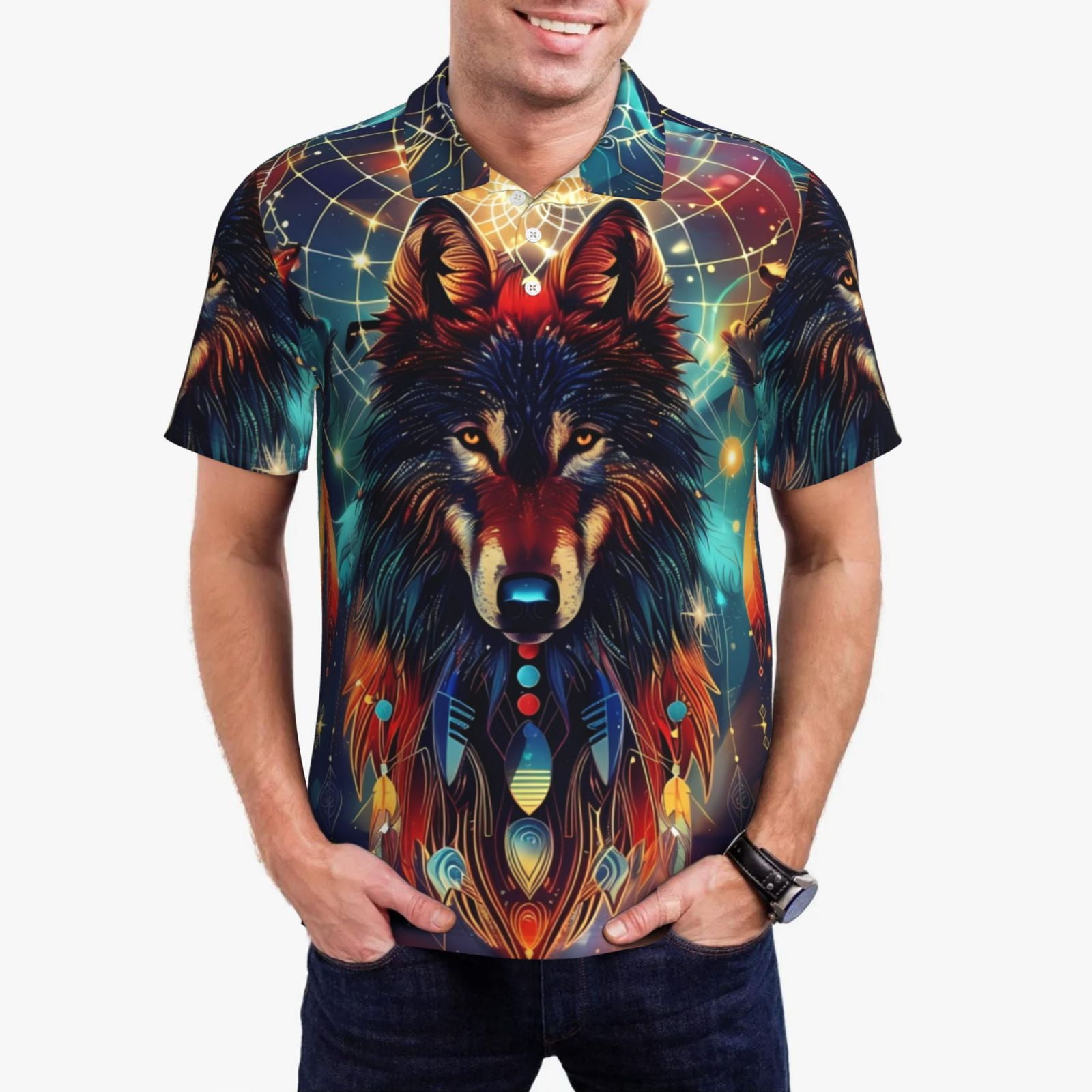Susaid Mystic Wolf Dreamcatcher Print Men's Short Sleeve Polo Shirt ...