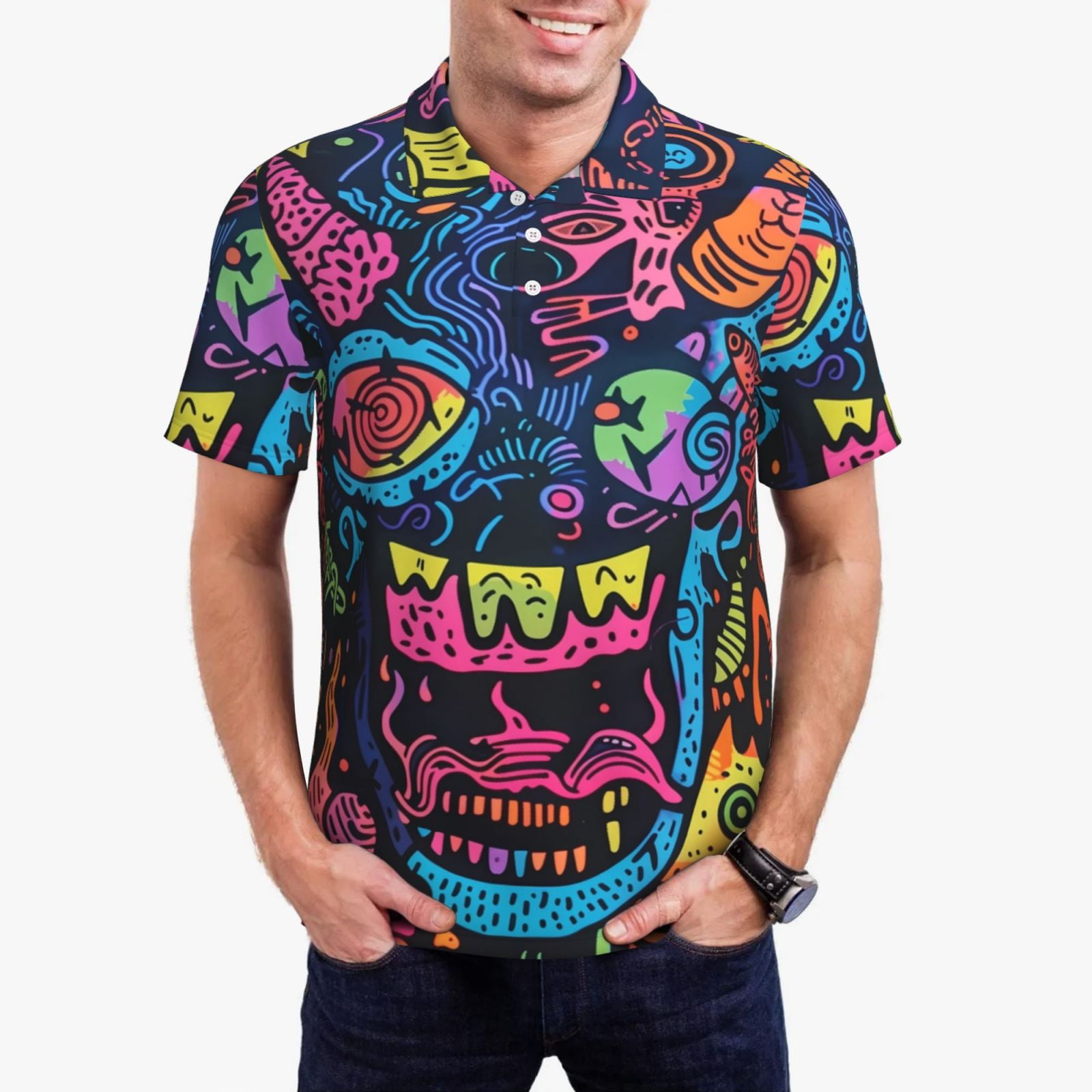 Susaid Neon Graffiti Urban Art Print Men's Short Sleeve Polo Shirt ...