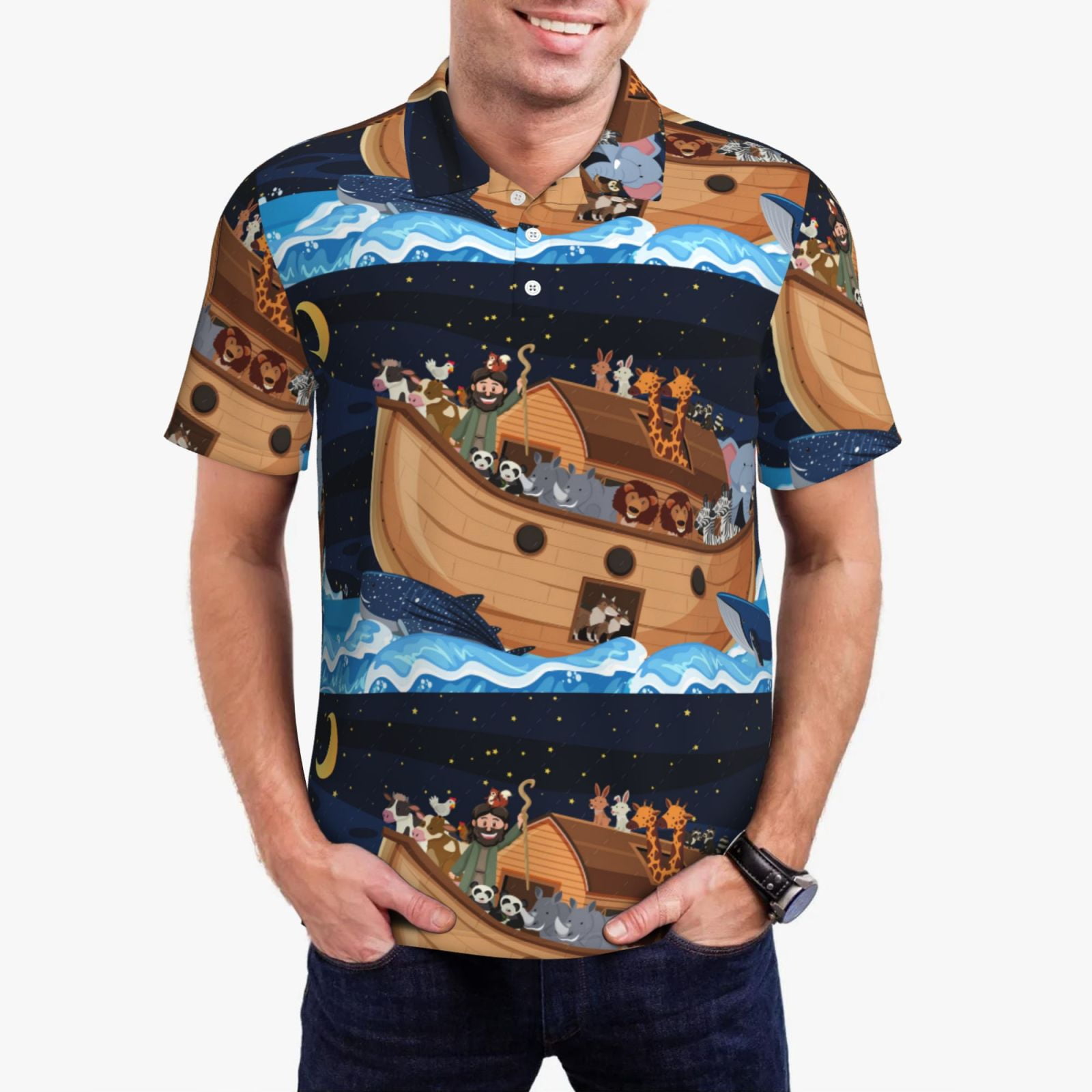 Susaid Ocean Scene with Noah's Ark Print Men's Short Sleeve Polo Shirt ...