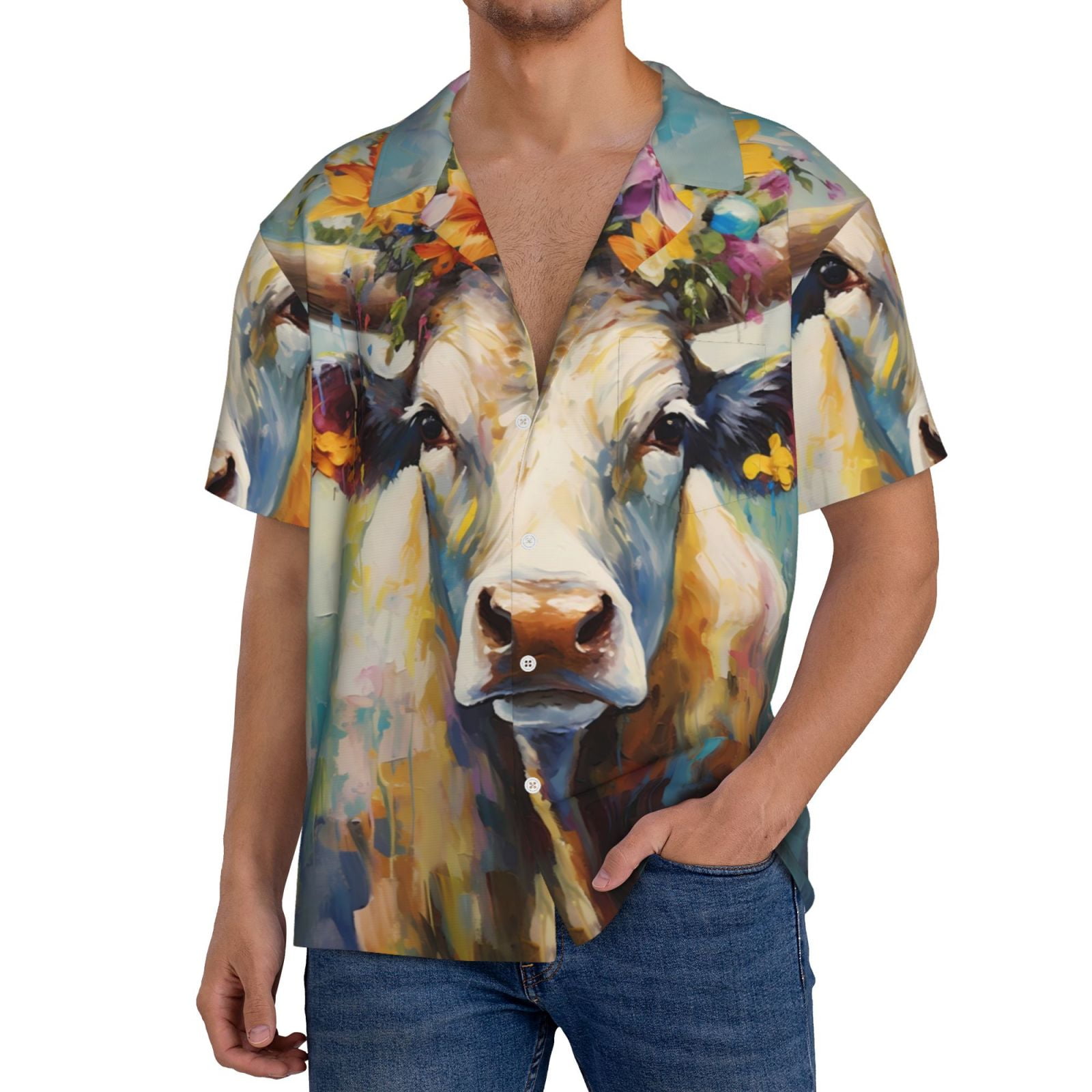 Susaid Oil Painting Flower Cow Print Men's Polo Shirts Button Down ...