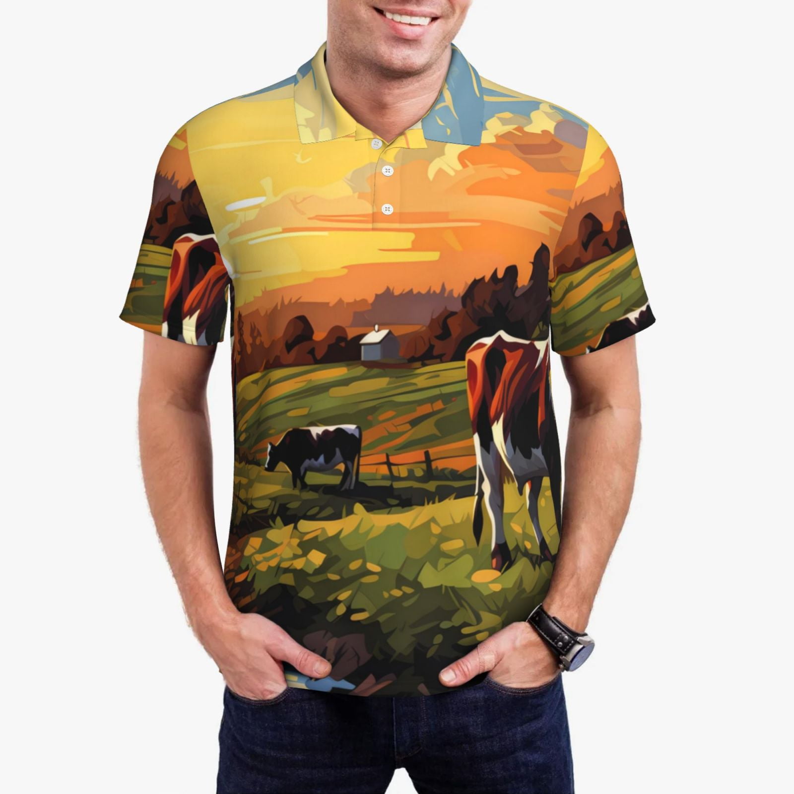 Susaid Oil Painting Style Pasture Cow Print Men's Short Sleeve Polo ...