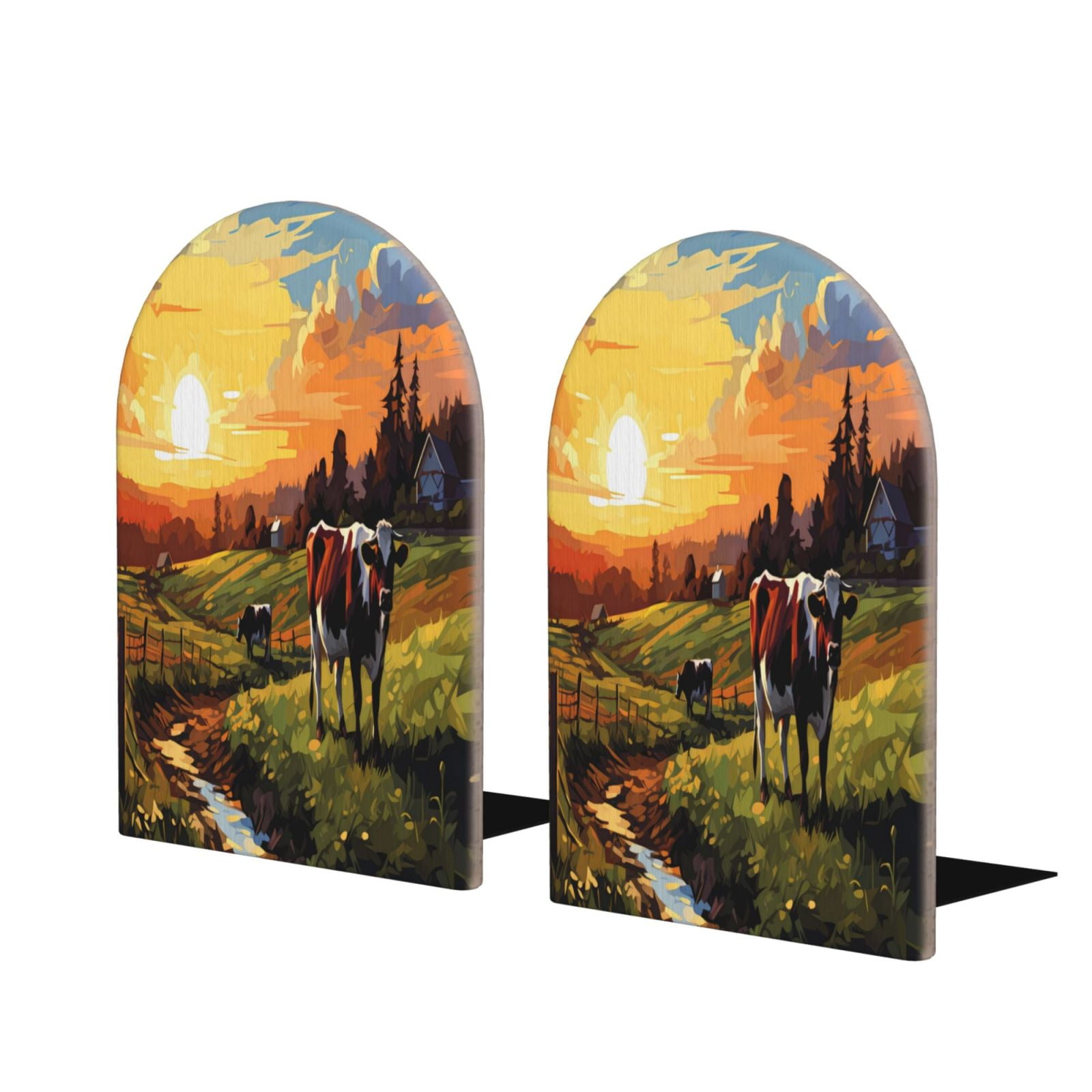 Susaid Oil Painting Style Pasture Cow Print Wooden Bookends Decorative ...
