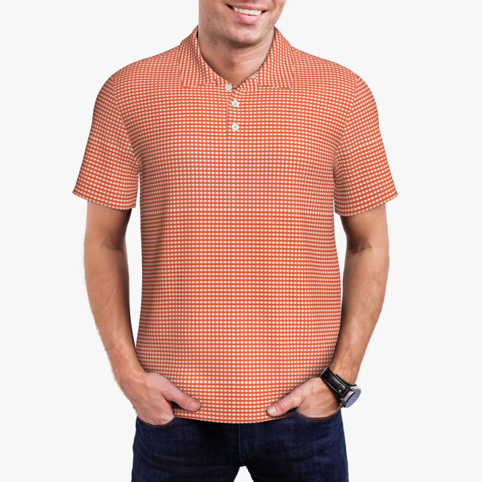 Susaid Orange Gingham Print Men's Short Sleeve Polo Shirt, Golf Shirts ...