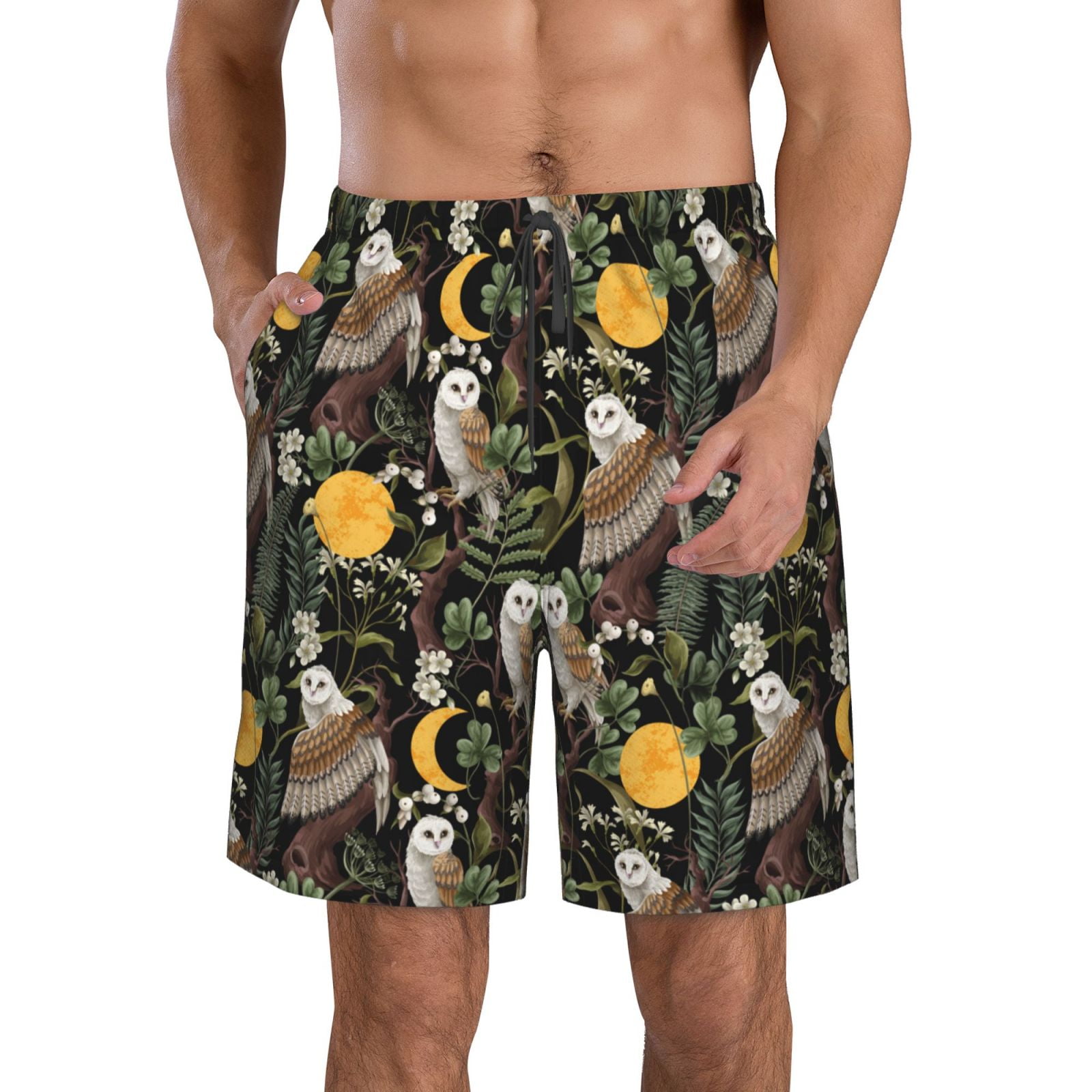 Susaid Owls And Plants Print Men's Swim Trunks Hawaiian Bathing Mesh ...