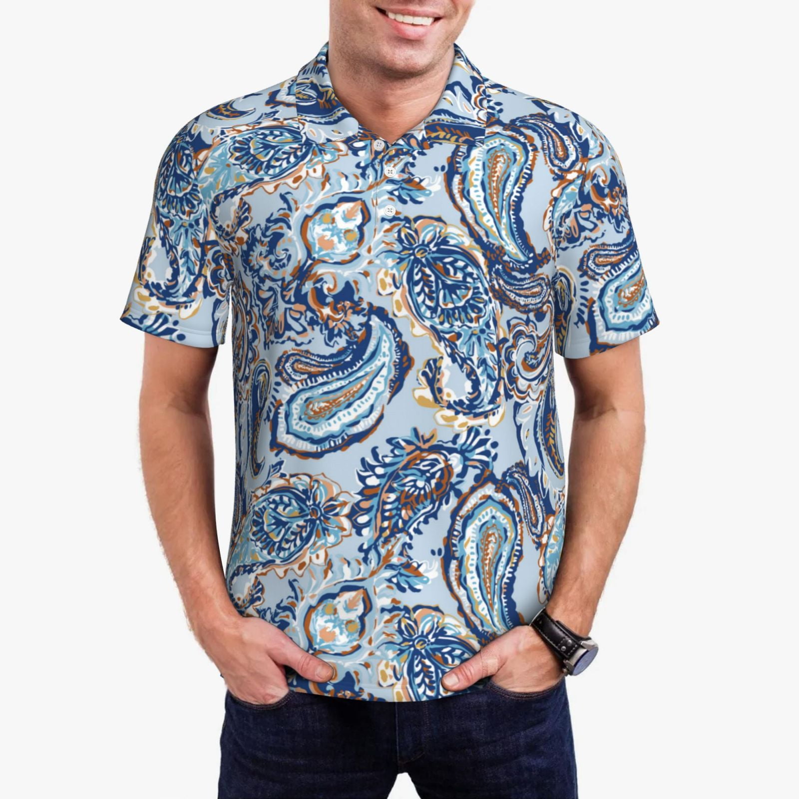 Susaid Paisley Floral Branches Print Men's Short Sleeve Polo Shirt ...