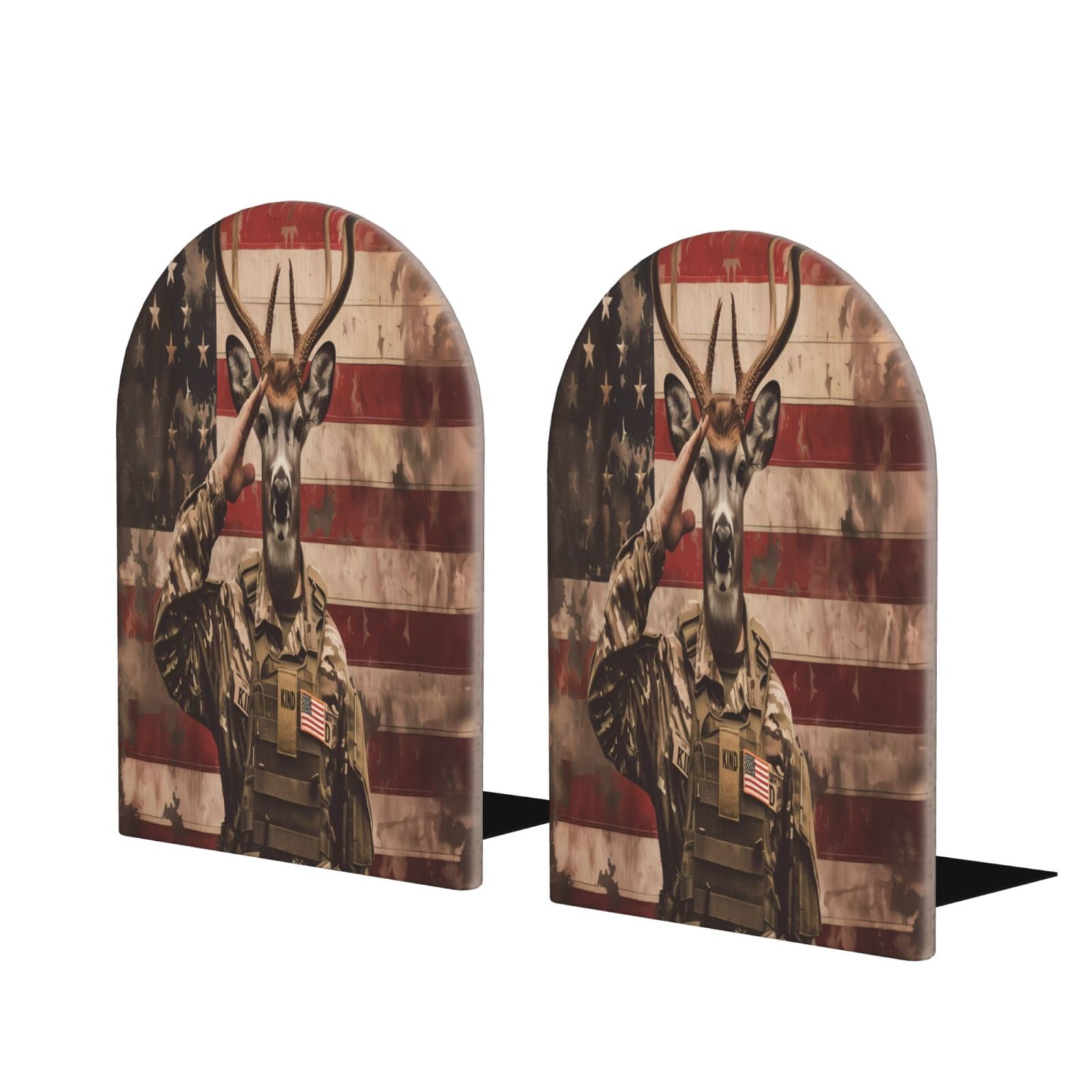 Susaid Patriotic Deer Soldier Salute Print Wooden Bookends Decorative ...