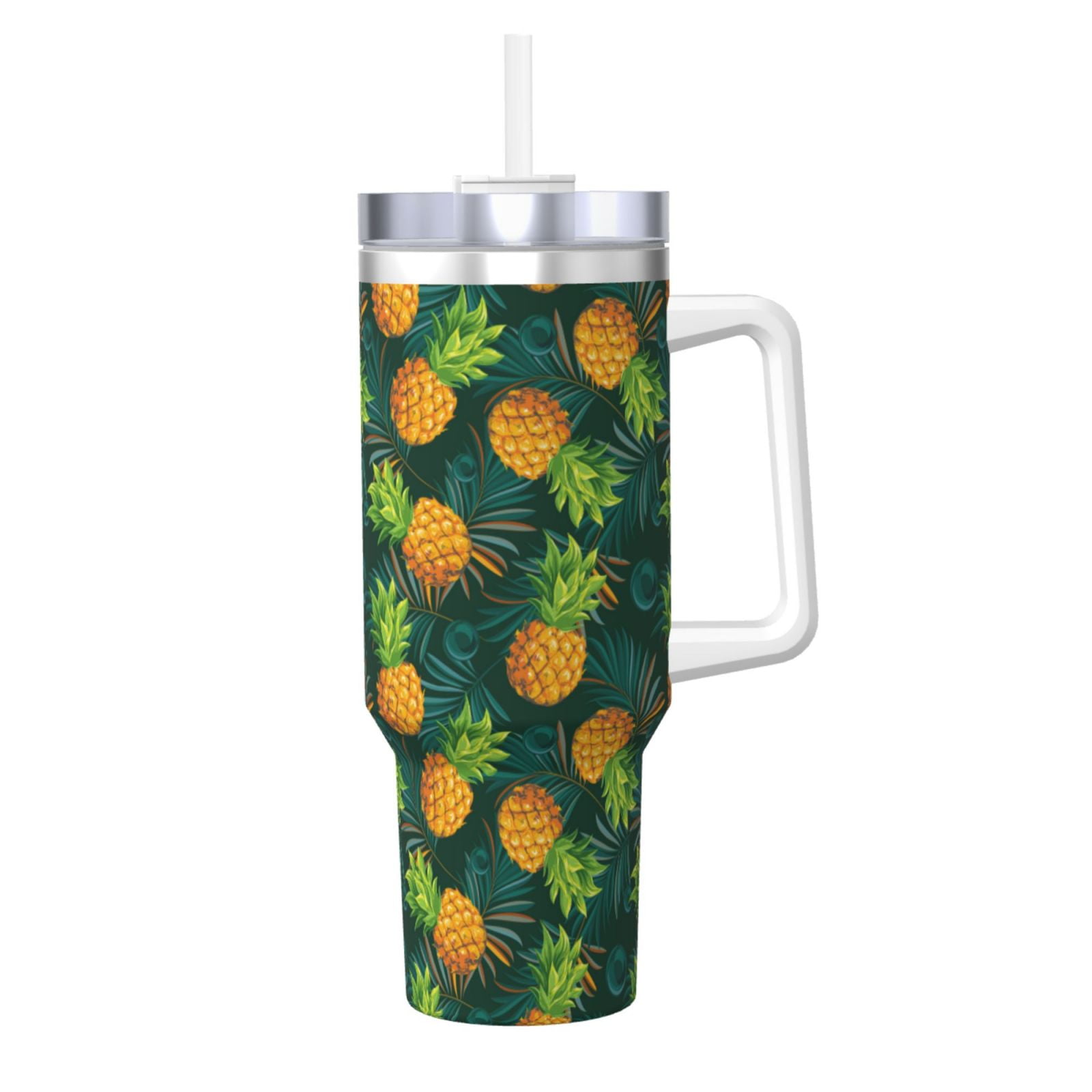 Susaid Pineapples with Palm Leaves Print Indoor Outdoor Straw Lid 40oz Ice Bully With Handle ...