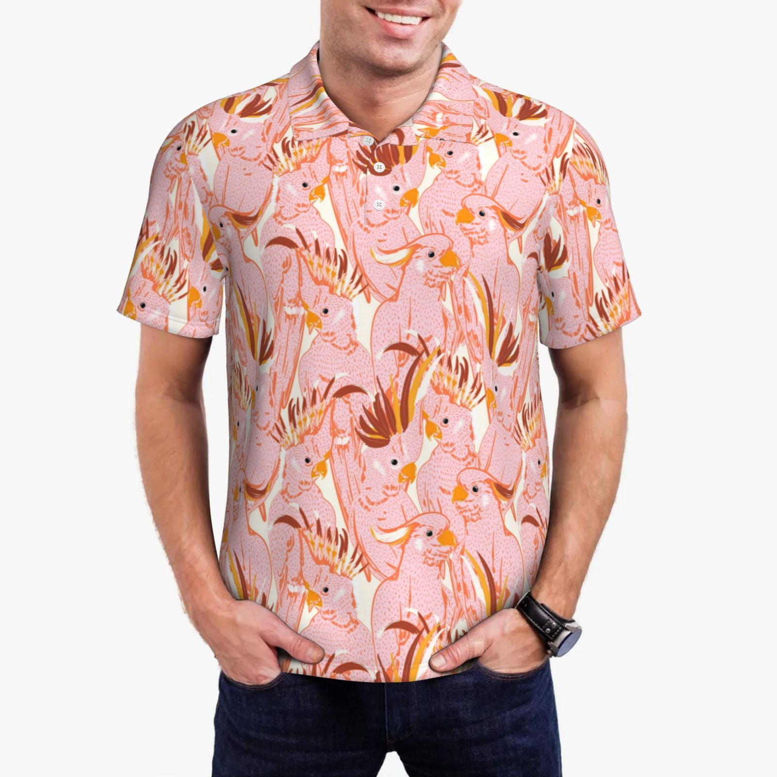 Susaid Pink Cockatoo Birds Print Men's Short Sleeve Polo Shirt, Golf ...