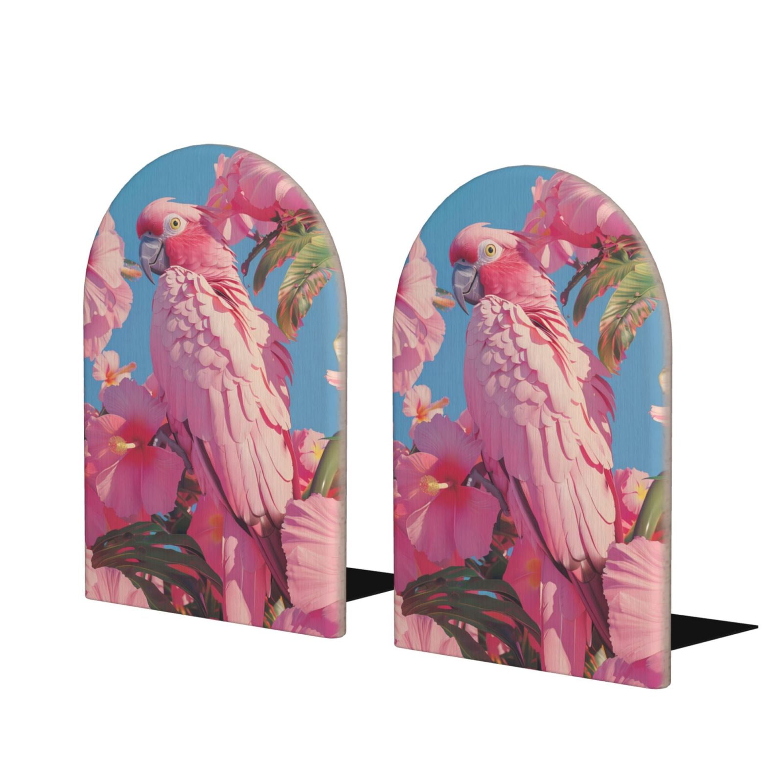 Susaid Pink Parrot Tropical Blossoms Print Wooden Bookends Decorative ...