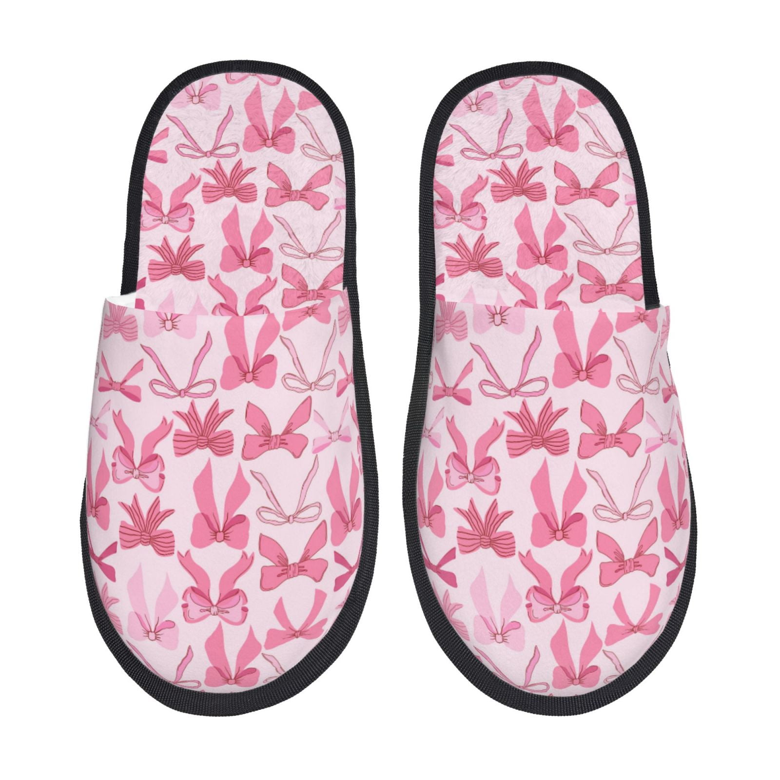 Susaid Pink bows Print Fuzzy Slippers for Women and Men, Warm Anti-Skid ...