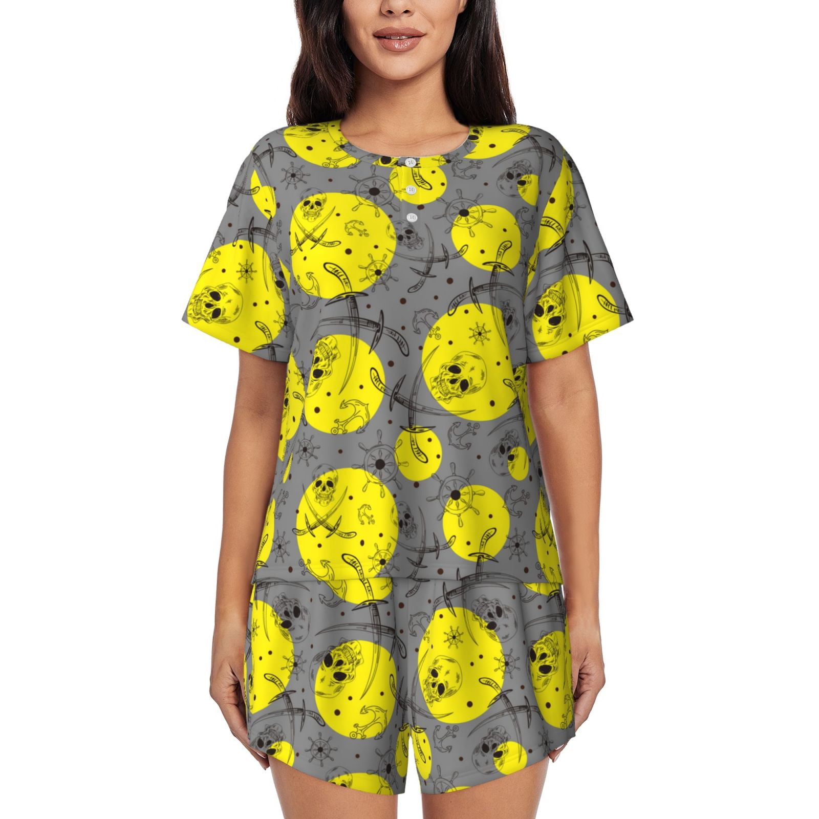 Susaid Pirate Skulls Print Women's Pajama Set, Button-Up Sleepwear with ...