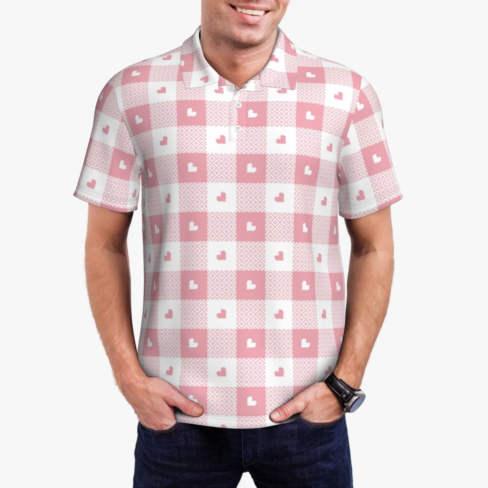 Susaid Plaid Heart Print Men's Short Sleeve Polo Shirt, Golf Shirts for ...