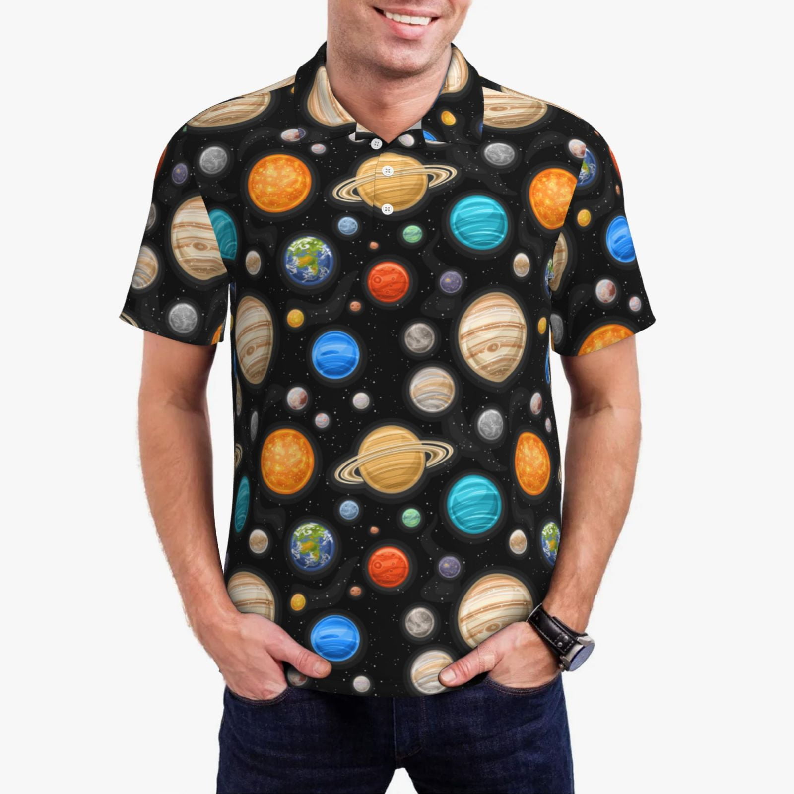 Susaid Planets In Deep Space Print Men's Short Sleeve Polo Shirt, Golf ...