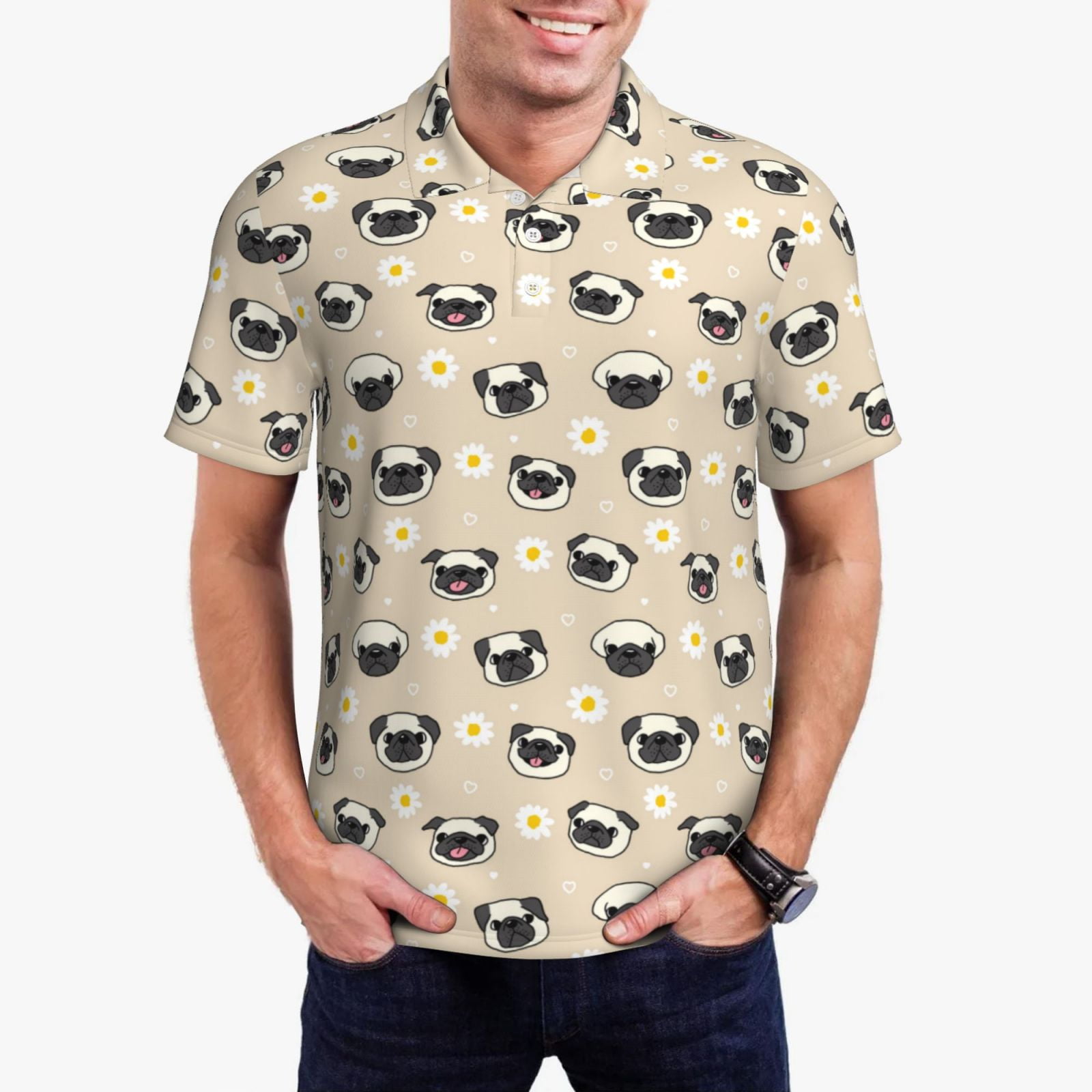 Susaid Pug Dog Face Print Men's Short Sleeve Polo Shirt, Golf Shirts ...