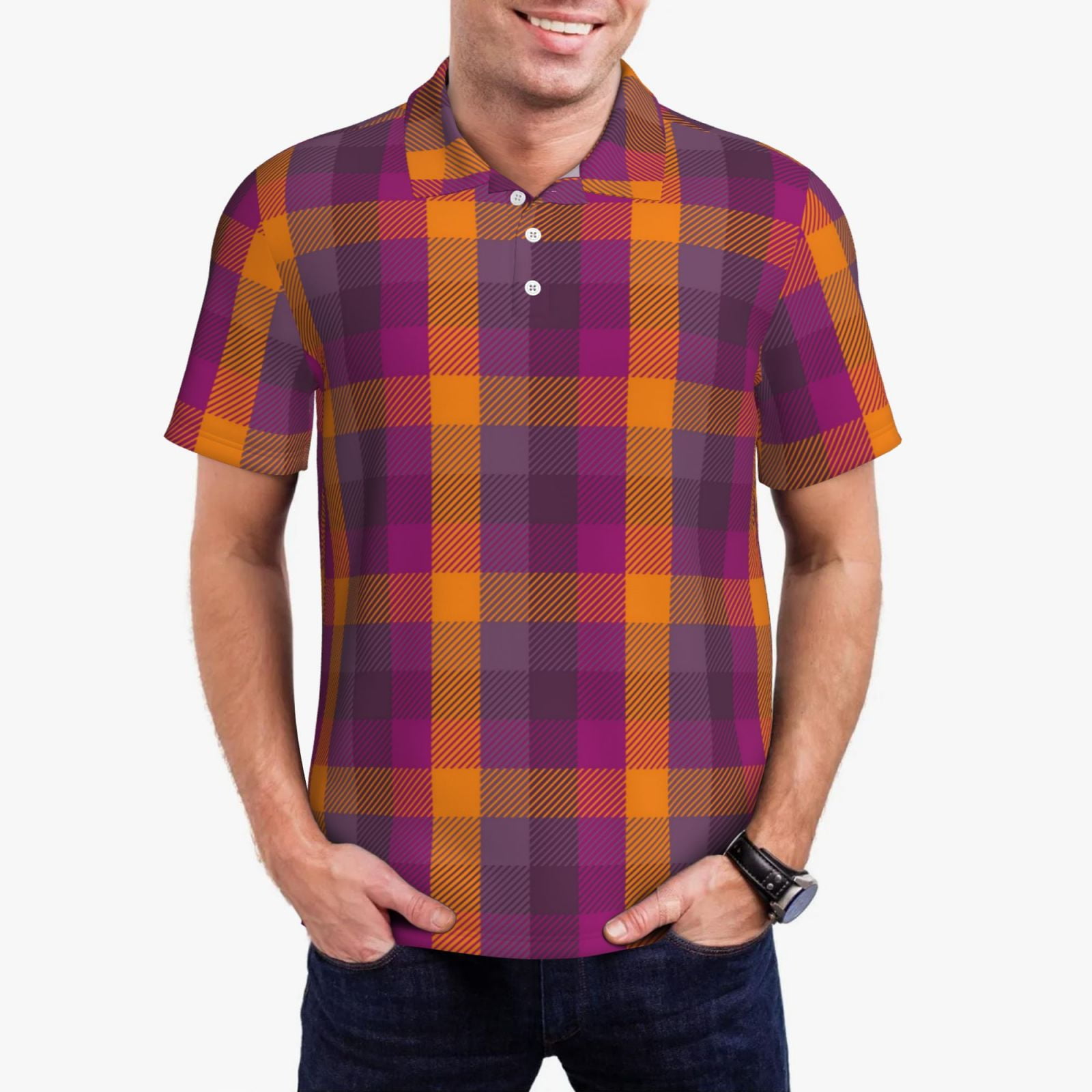 Susaid Purple Yellow Buffalo Plaid Print Men's Short Sleeve Polo Shirt ...