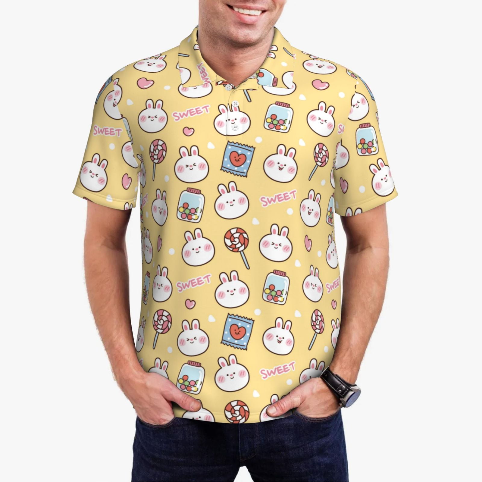 Susaid Rabbit And Candy Print Men's Short Sleeve Polo Shirt, Golf ...