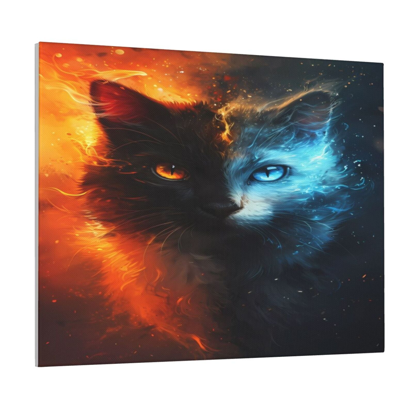 Susaid Red And Blue Fire Cat Pattern Canvas Wall Decor Poster Framed ...