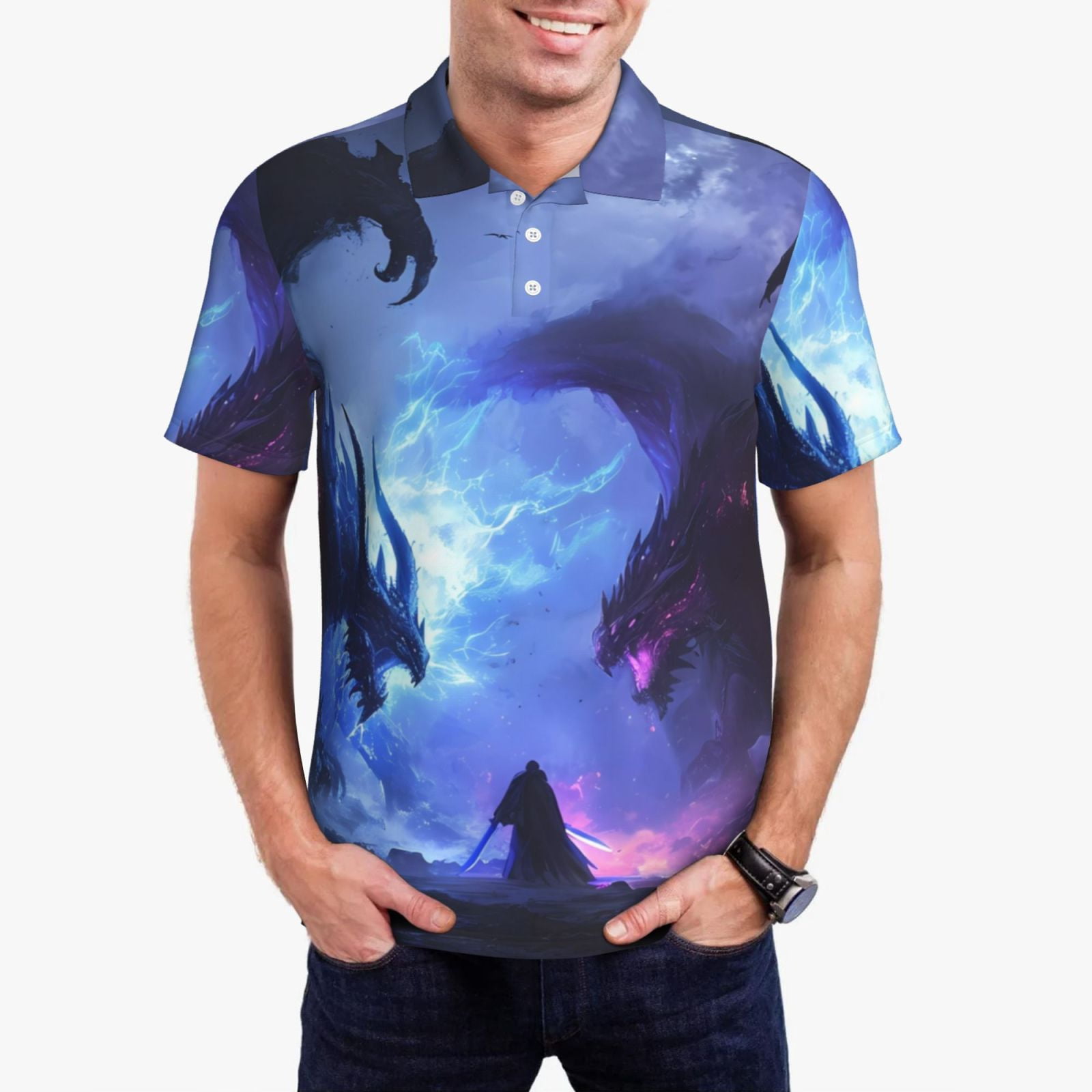 Susaid Red And Blue Fire Dragon Print Men's Short Sleeve Polo Shirt ...