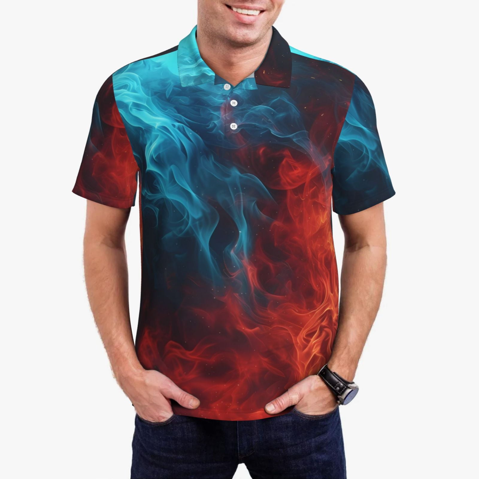 Susaid Red And Blue Fire Print Men's Short Sleeve Polo Shirt, Golf ...