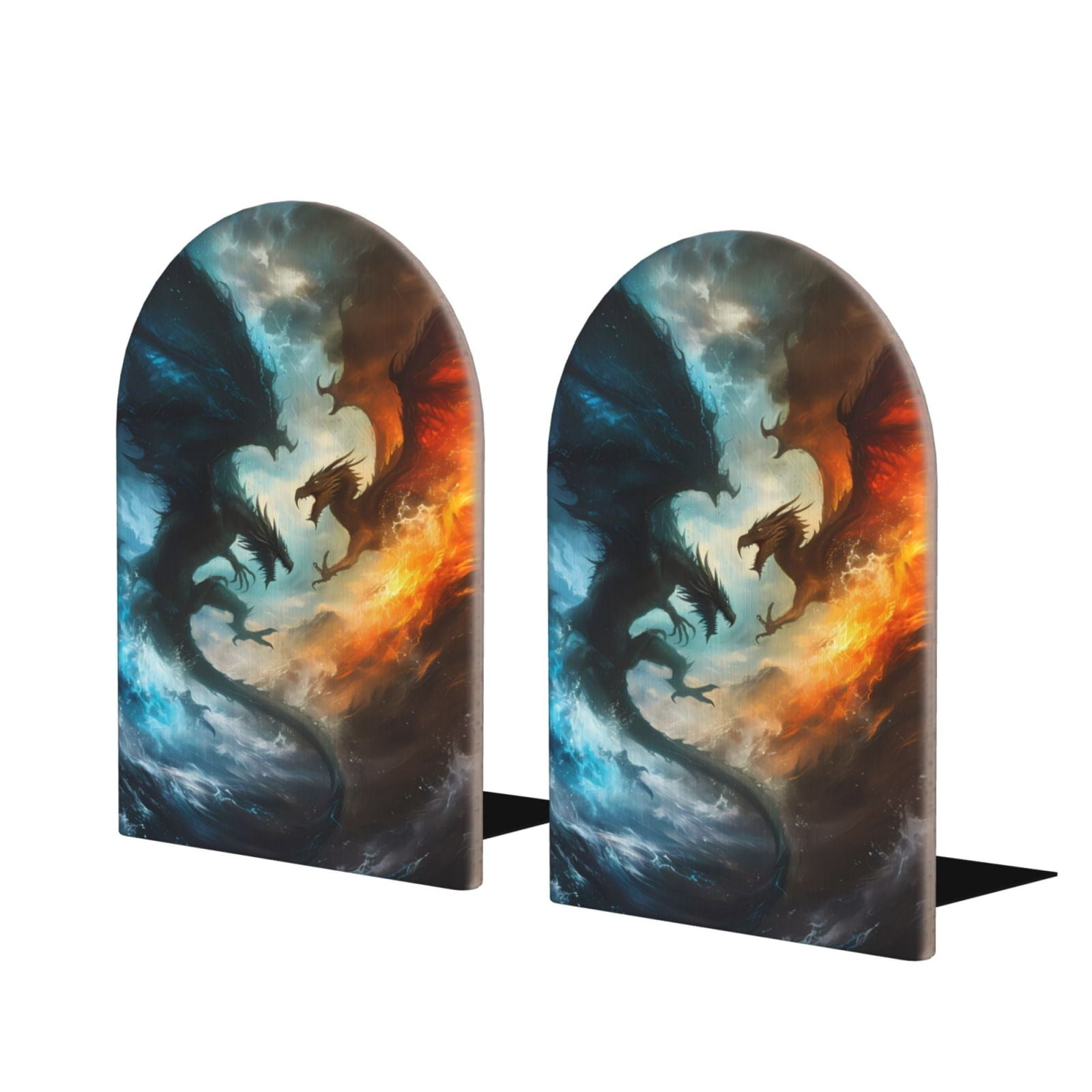 Susaid Red And Blue Flame Wave Dragon Print Wooden Bookends Decorative ...