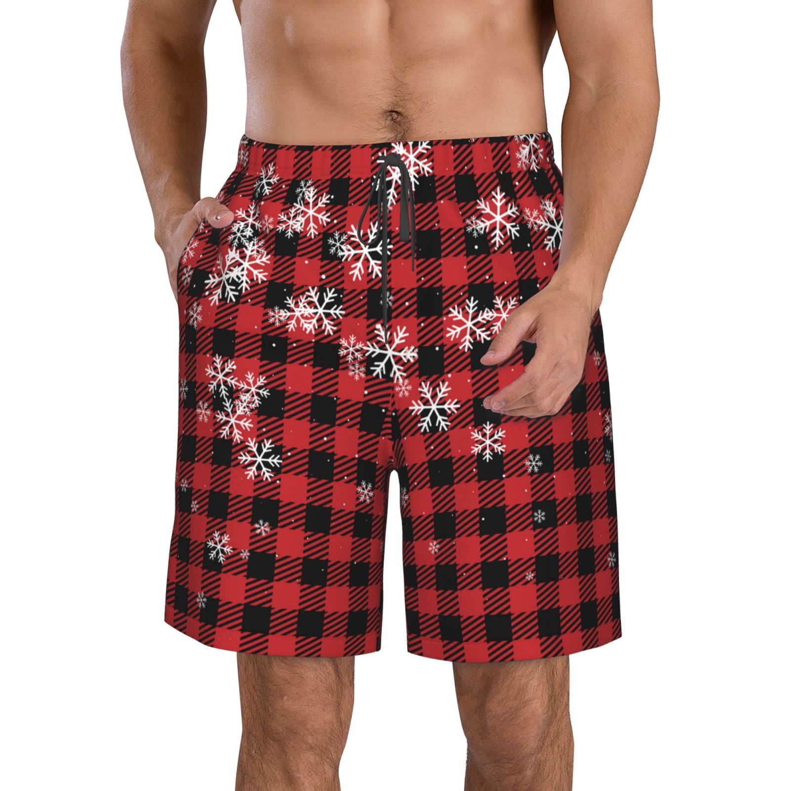 Susaid Red Buffalo Plaid Print Men's Swim Trunks Hawaiian Bathing Mesh ...