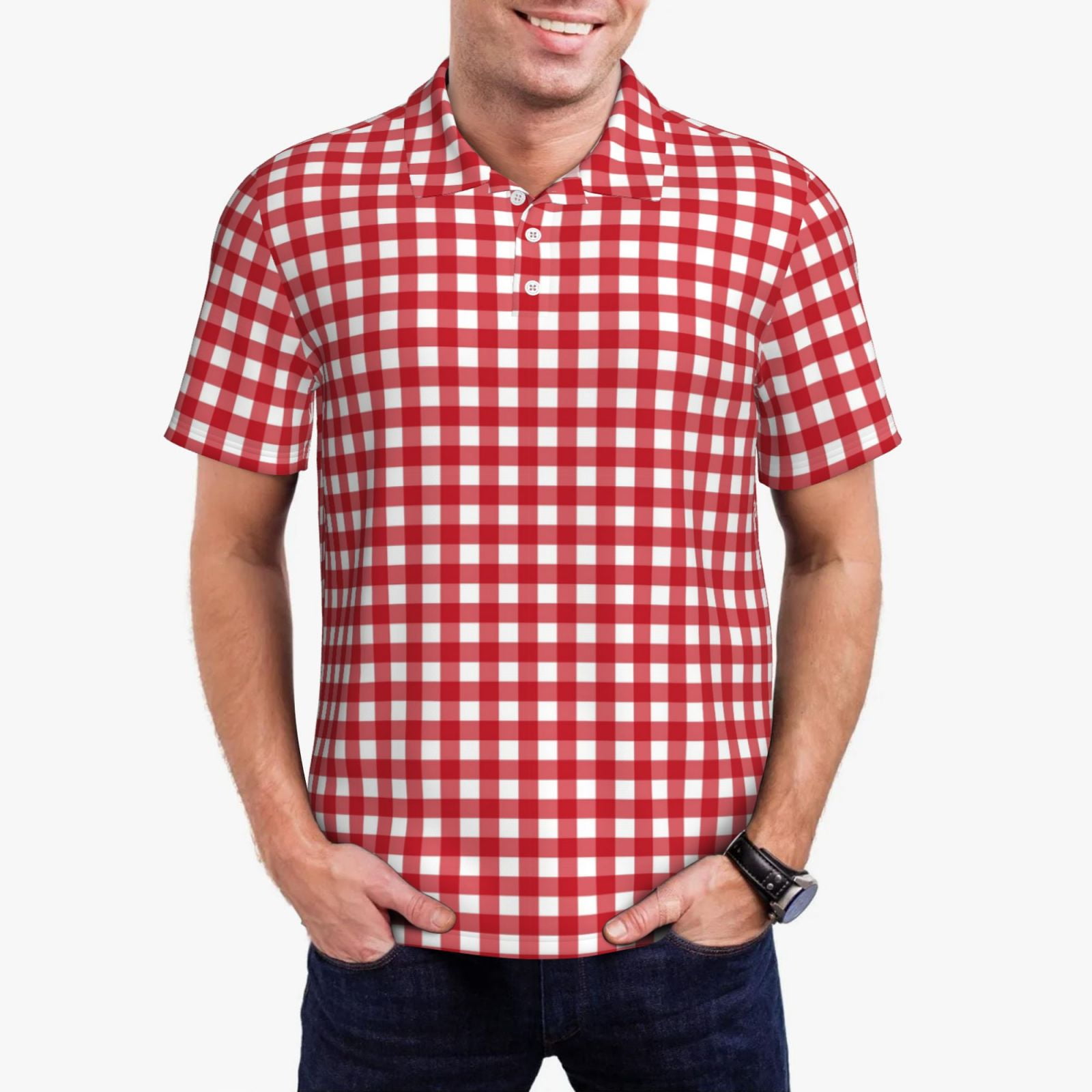 Susaid Red Checkboard Print Men's Short Sleeve Polo Shirt, Golf Shirts ...