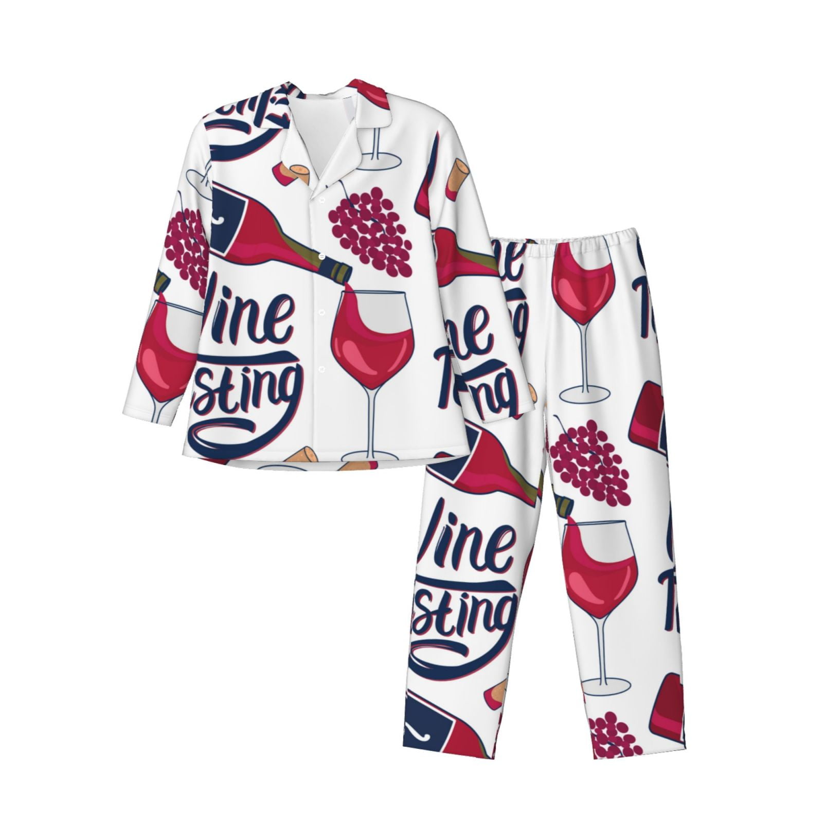 Susaid Red Wine Glass Bottle Print Men's Long Sleeve Pajama Set, Two ...