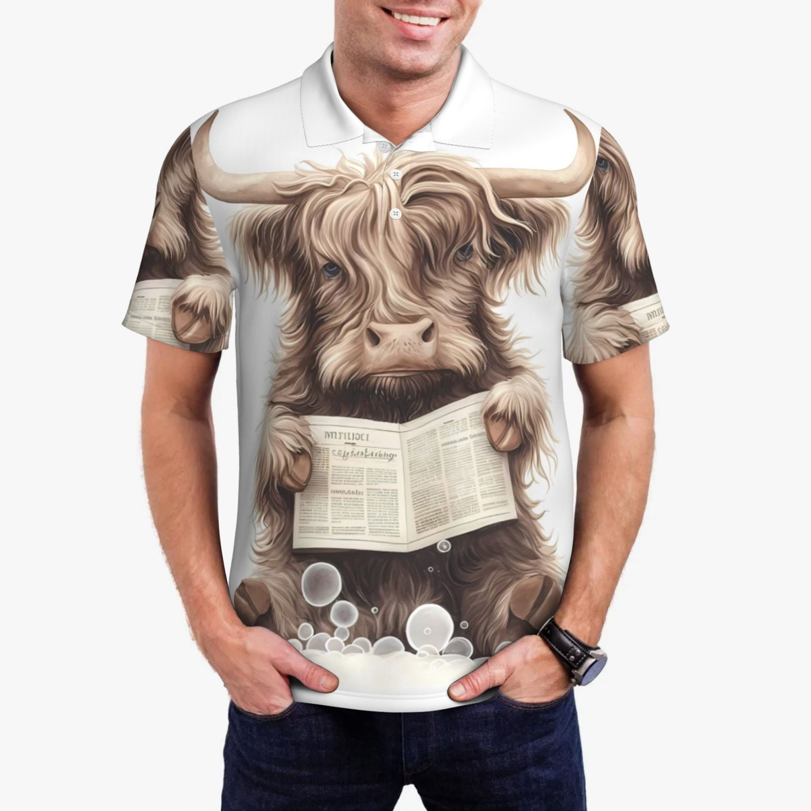 Susaid Relaxed Cute Cow Reading Print Men's Short Sleeve Polo Shirt ...