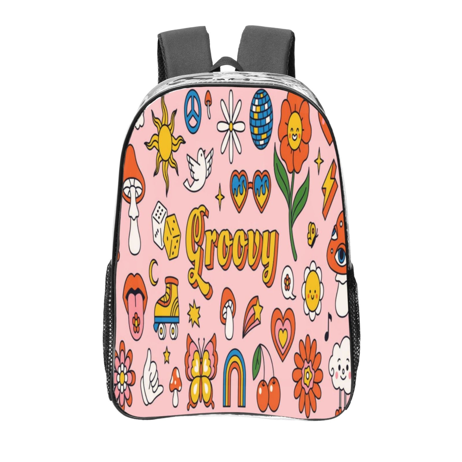 Susaid Retro 70s Hippie Print Clear Backpack See Through Transparent ...