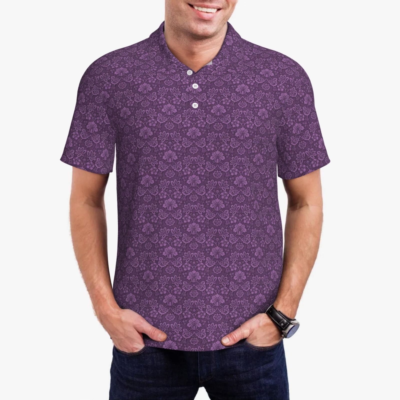 Susaid Retro Florals Purple Print Men's Short Sleeve Polo Shirt, Golf ...