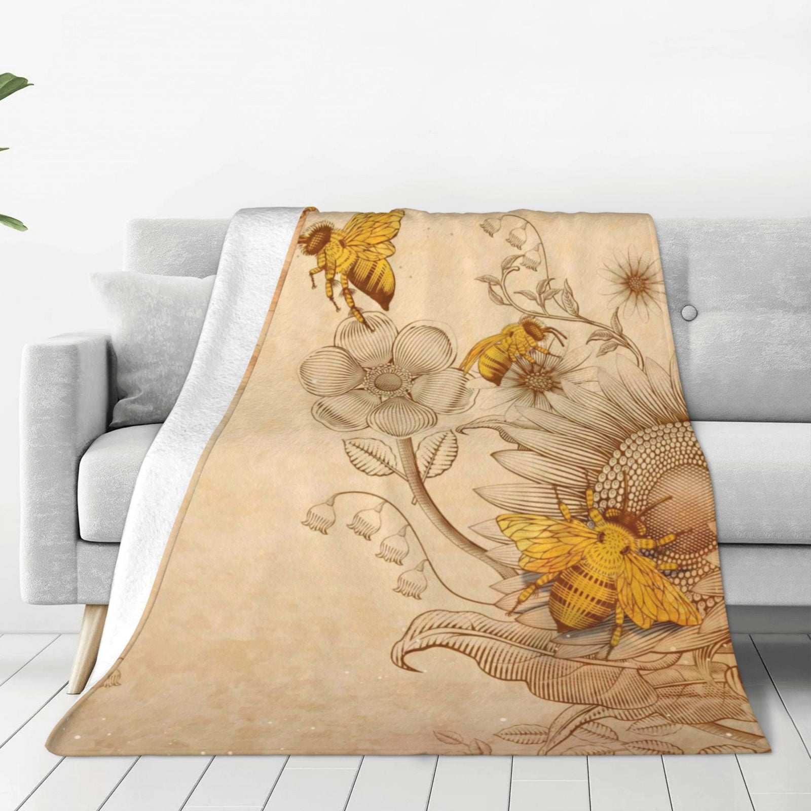 Susaid Retro Hand Drawn Honey Bees And Sunflowers Print Microfiber ...