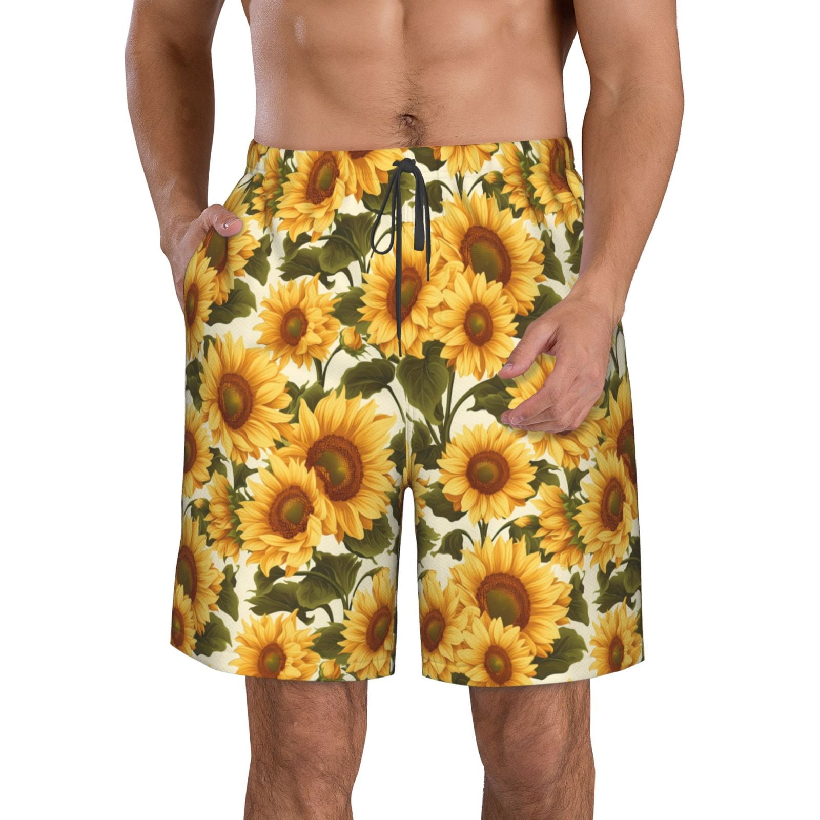 Susaid Romantic Elegant Sunflower Print Men's Swim Trunks Hawaiian ...