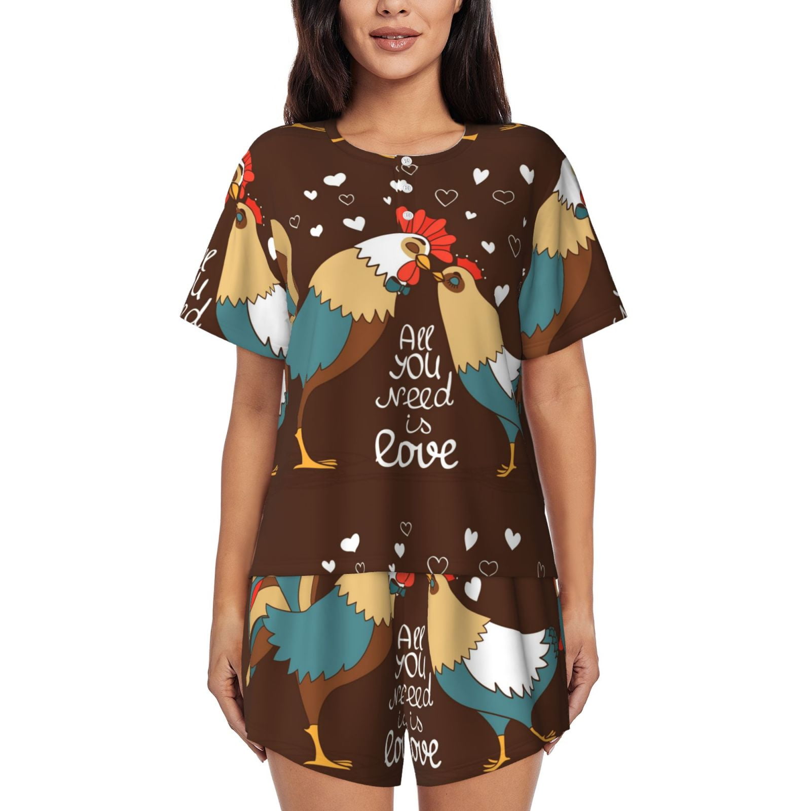 Susaid Rooster And Chicken Print Women's Pajama Set, Button-Up ...