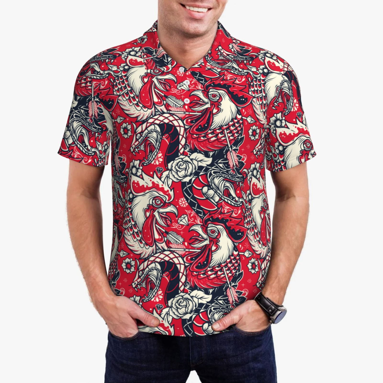 Susaid Rooster Head Print Men's Short Sleeve Polo Shirt, Golf Shirts ...