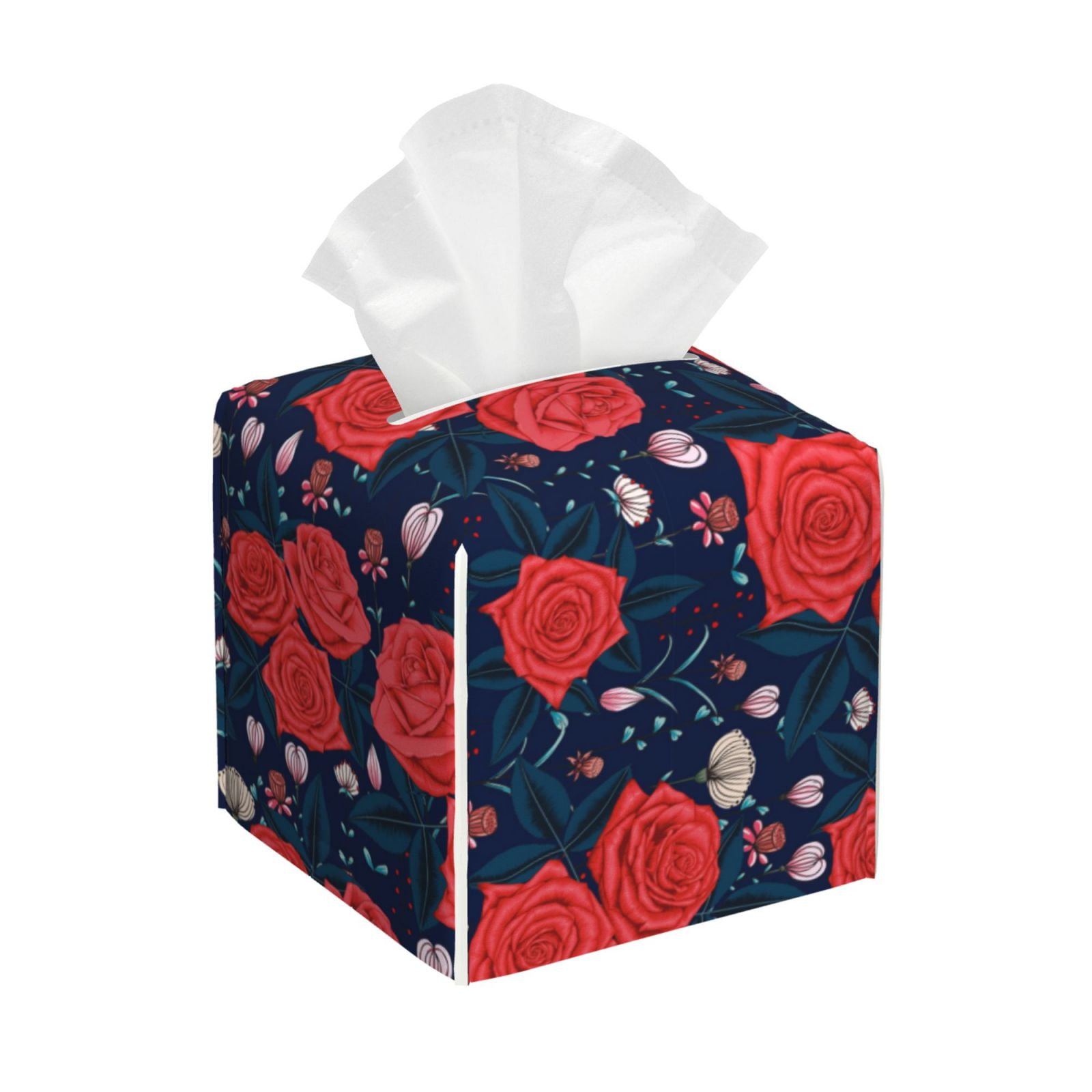 Susaid Rose Flower Print PU Leather Tissue Box Cover, Square Decorative ...