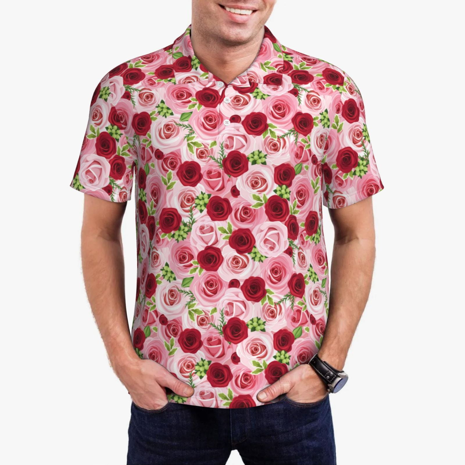 Susaid Rose Flowers Print Men's Short Sleeve Polo Shirt, Golf Shirts ...