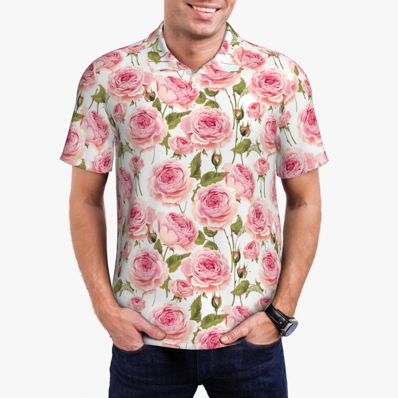 Susaid Rose Flowers Print Men's Short Sleeve Polo Shirt, Golf Shirts ...