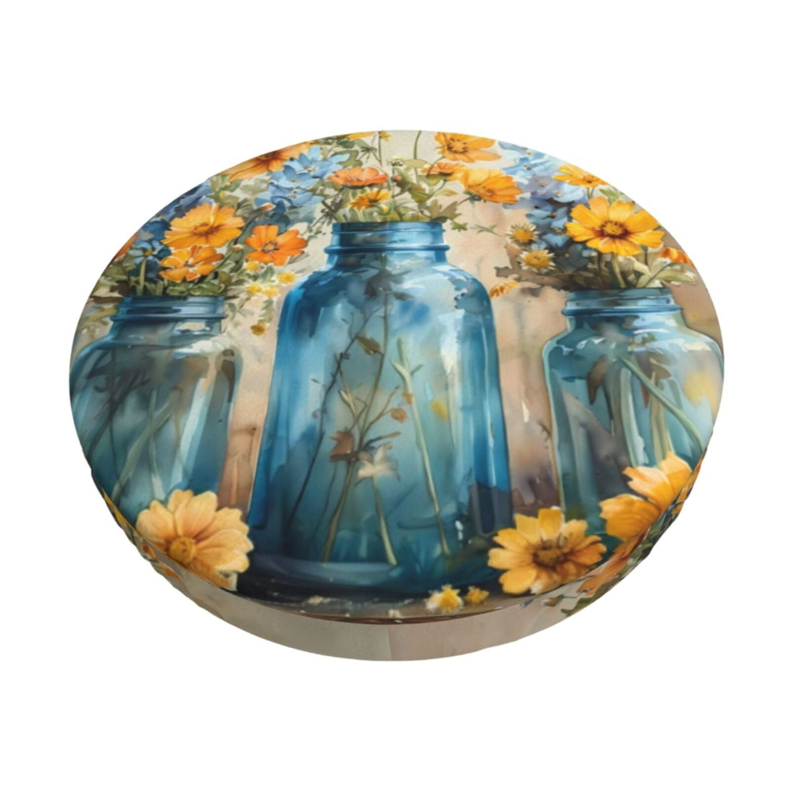 Susaid Rustic Blue Vase Blossoms Print Elastic Bar Stool Cover ...