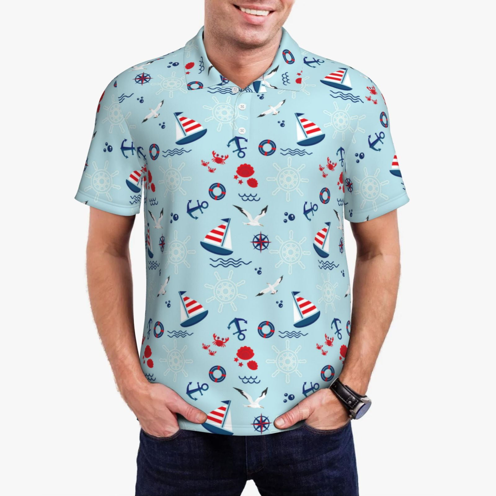 Susaid Sailboats Anchors Print Men S Short Sleeve Polo Shirt Golf
