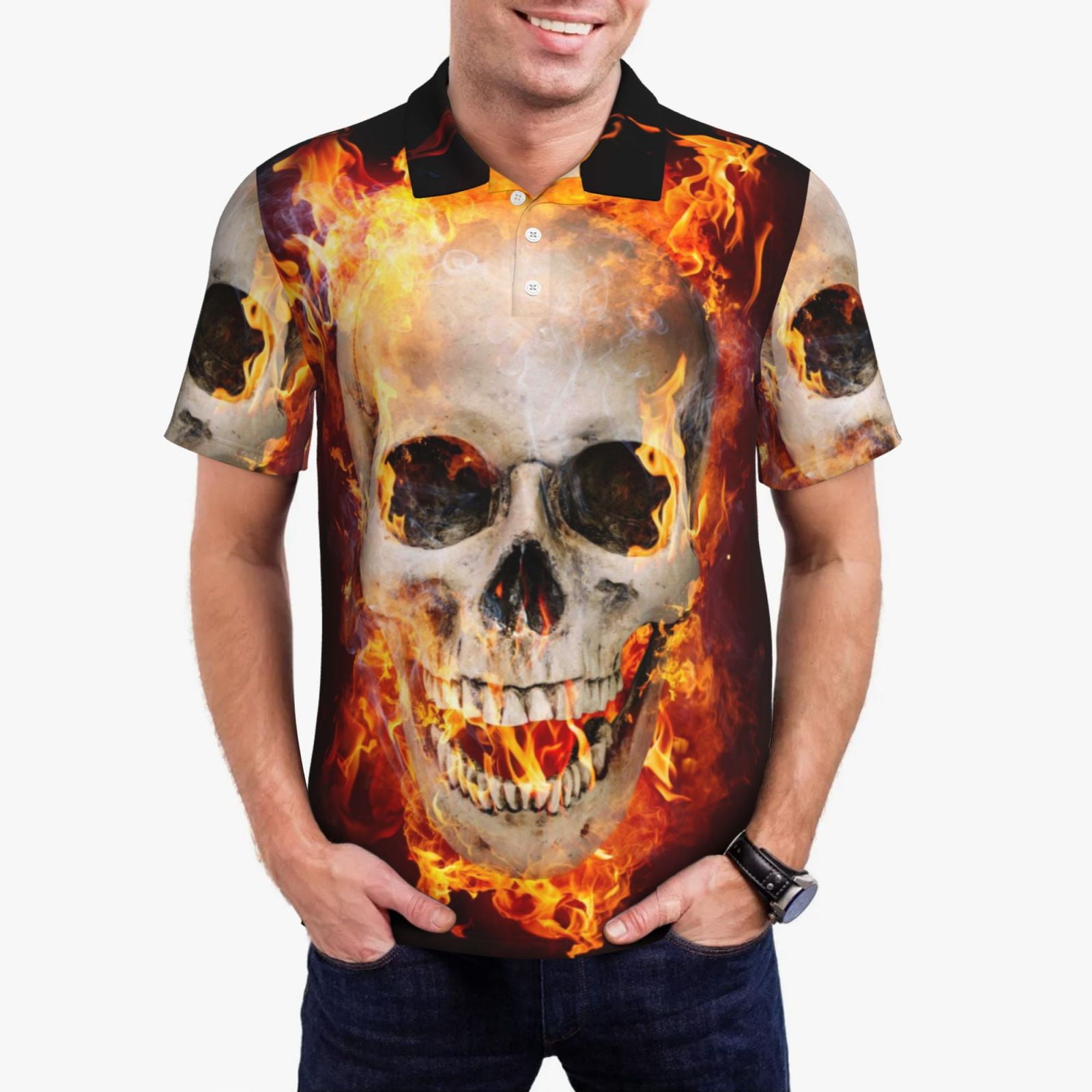 Susaid Satanic Skull Print Men's Short Sleeve Polo Shirt, Golf Shirts ...