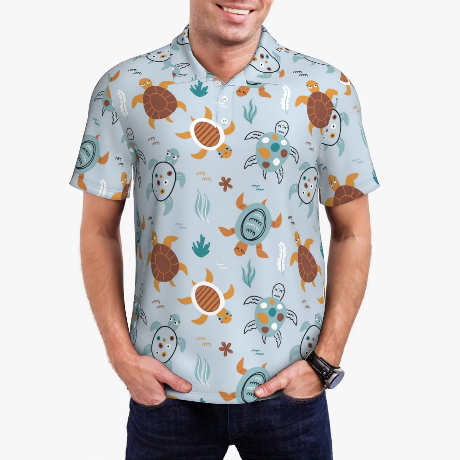 Susaid Sea Turtle Print Men's Short Sleeve Polo Shirt, Golf Shirts for ...