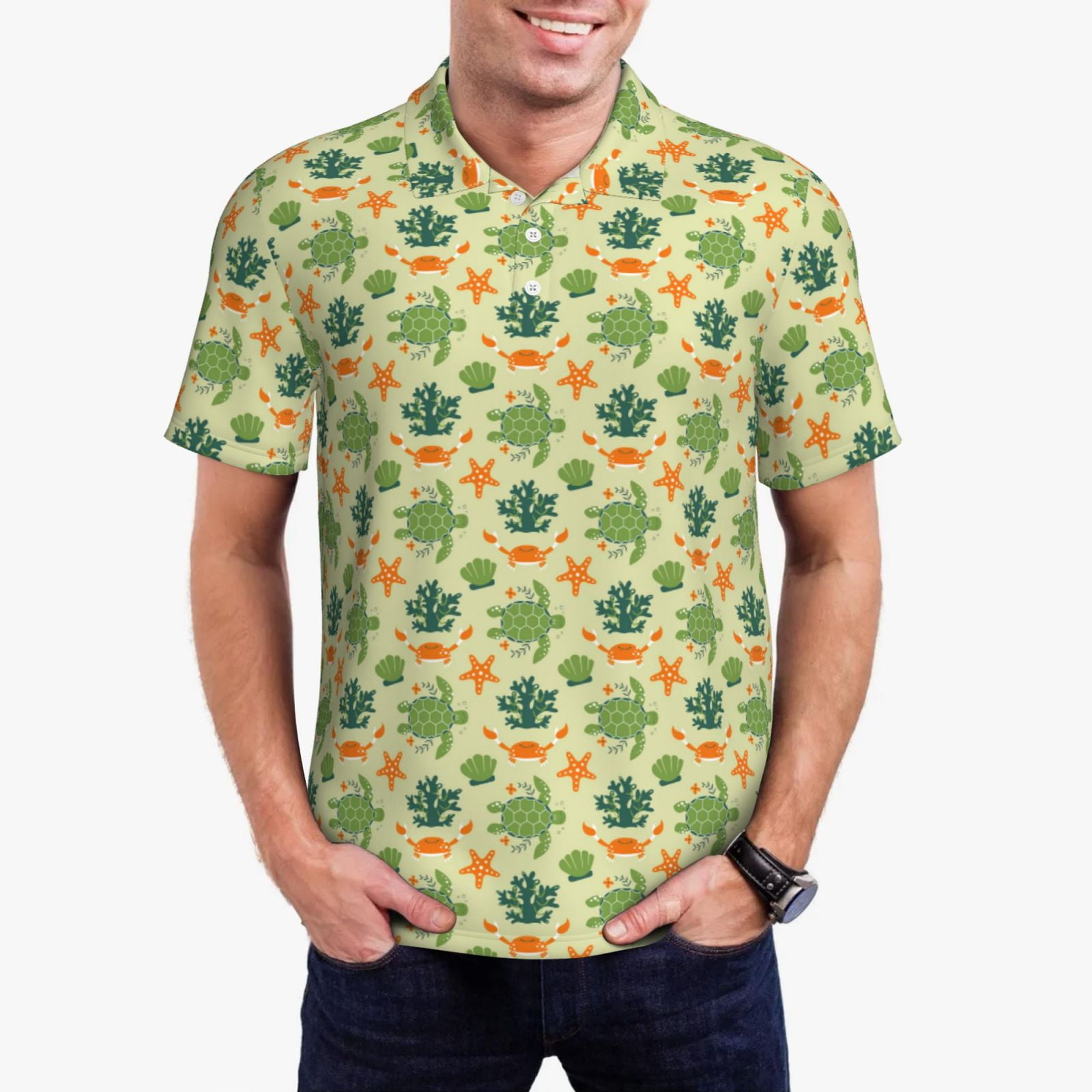 Susaid Sea Turtle Print Men's Short Sleeve Polo Shirt, Golf Shirts for ...