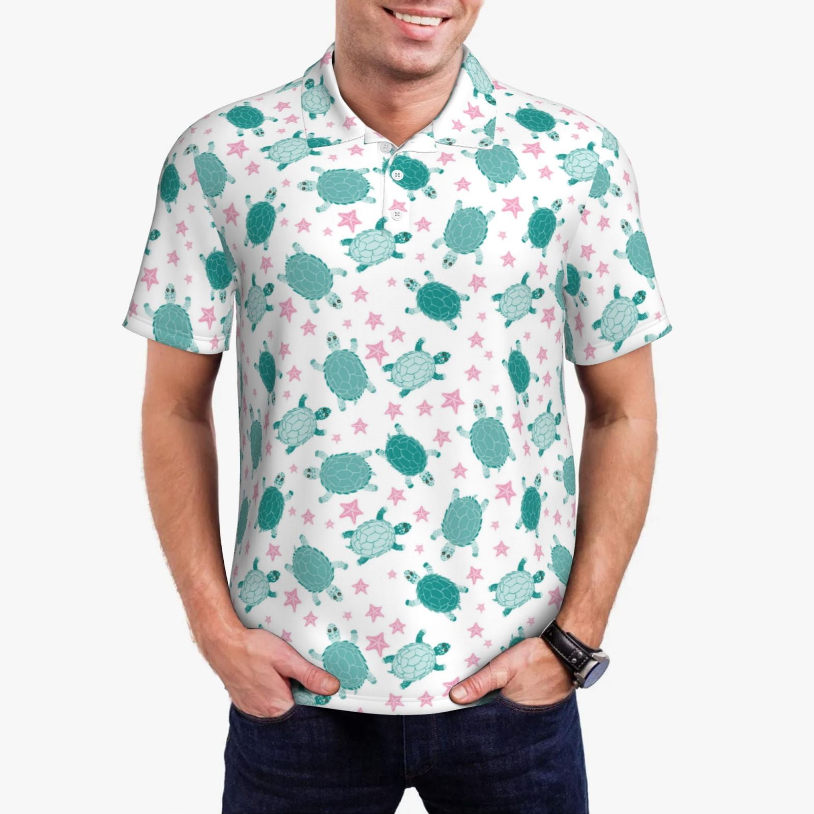 Susaid Sea Turtle Print Men's Short Sleeve Polo Shirt, Golf Shirts for ...