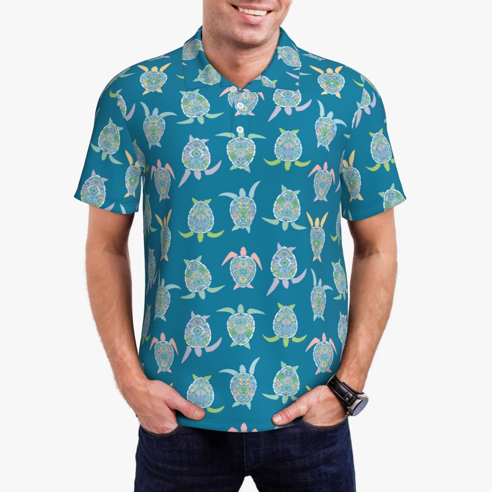 Susaid Sea Turtle Print Men's Short Sleeve Polo Shirt, Golf Shirts for ...
