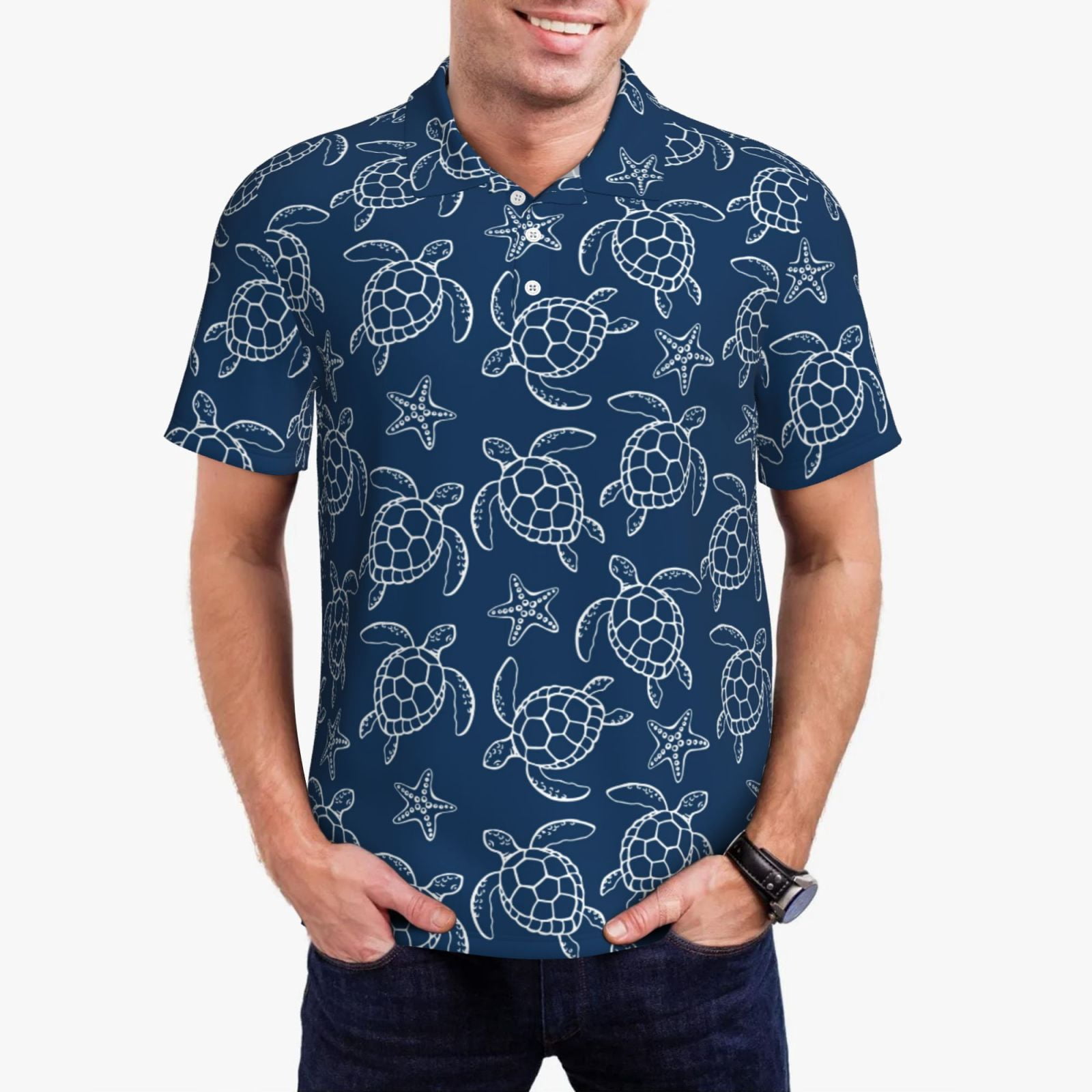 Susaid Sea Turtle Print Men's Short Sleeve Polo Shirt, Golf Shirts for ...