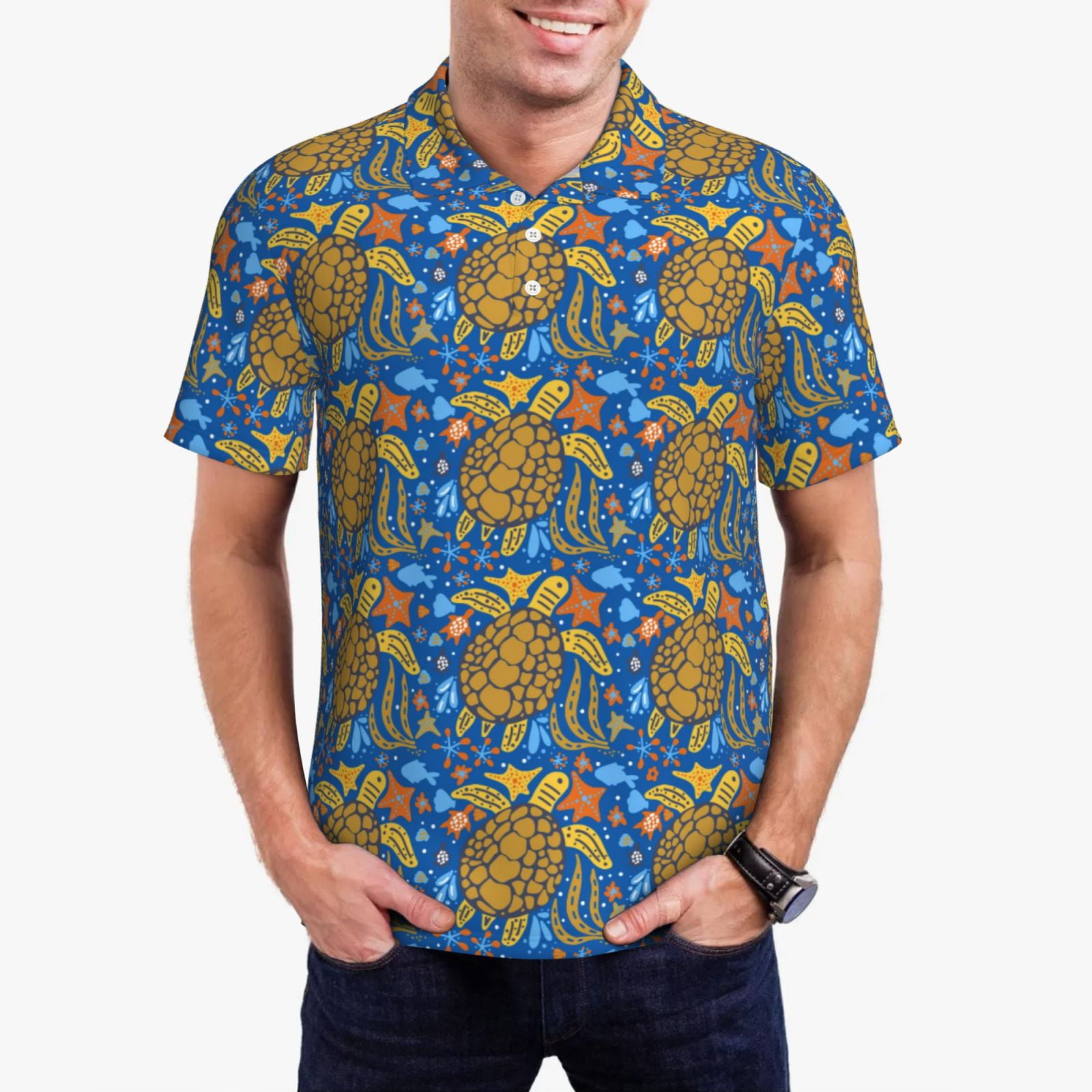 Susaid Sea Turtle Print Men's Short Sleeve Polo Shirt, Golf Shirts for ...