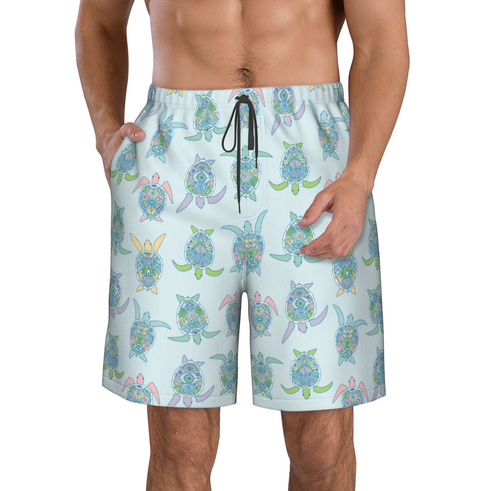 Susaid Sea Turtle Print Men's Swim Trunks Hawaiian Bathing Mesh Lining ...